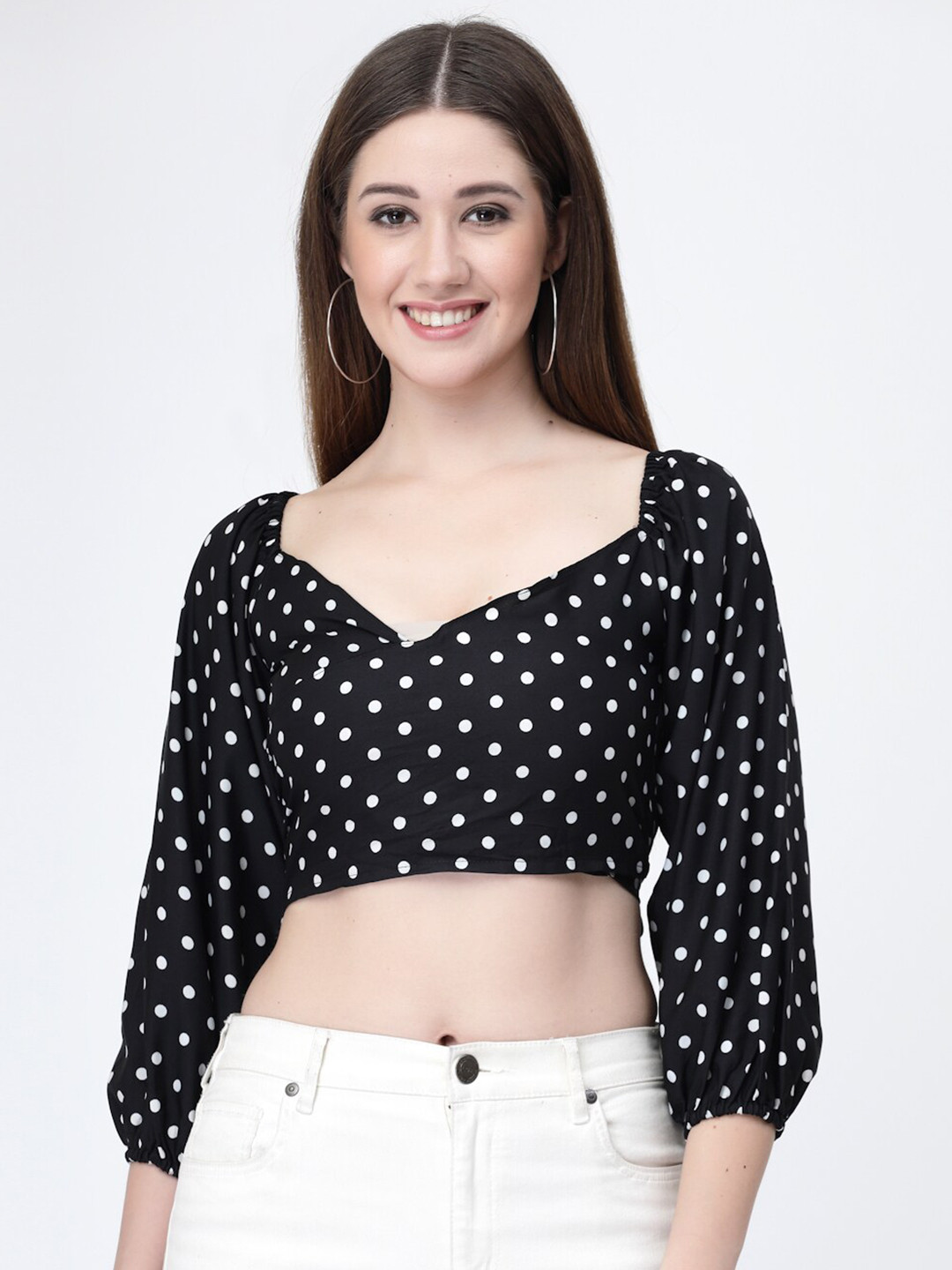 Buy MISS AYSE Black Polka Dot Print Sweetheart Neck Puff Sleeve Crepe ...