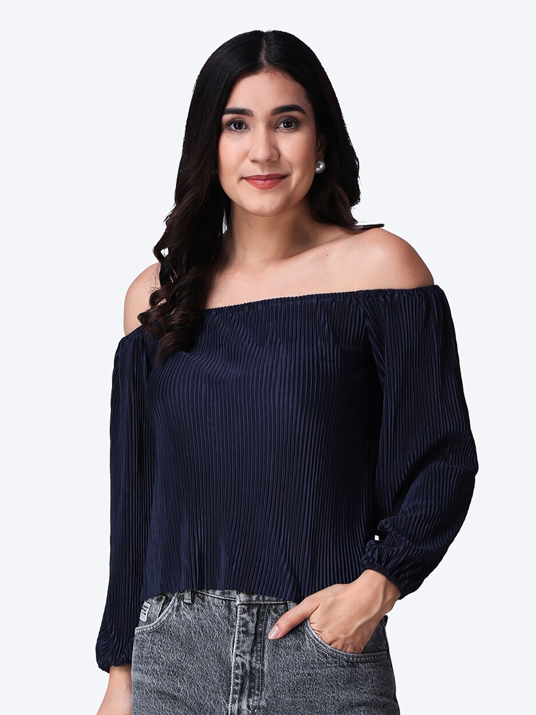 Buy Popwings Navy Blue Off Shoulder Bardot Top Tops For Women