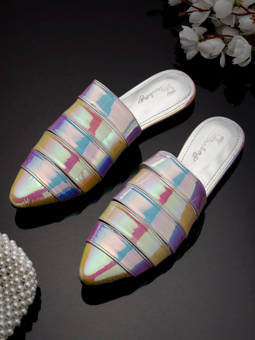 Buy ELANBERG Synthetic Leather Striped Open Back Mules - Flats for ...