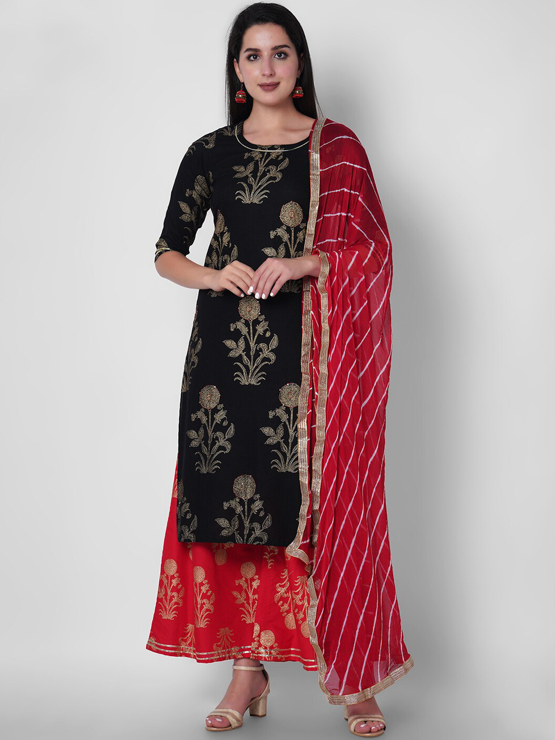 Buy KALINI Floral Printed Straight Kantha Work Kurta With Palazzos ...