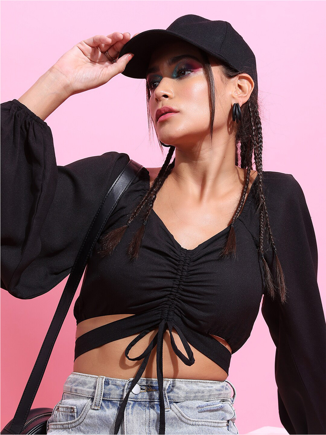 Buy Tokyo Talkies Black Ruched Cuffed Sleeves Crop Styled Back Top ...