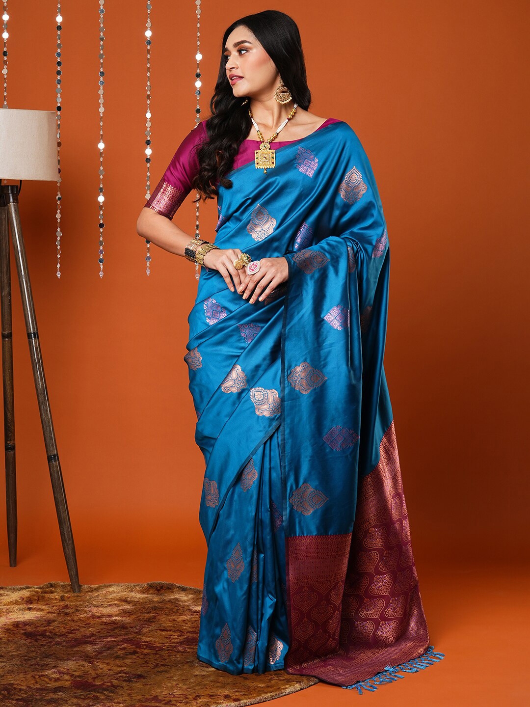 Buy Anouk Blue And Gold Toned Ethnic Motifs Woven Design Banarasi Saree