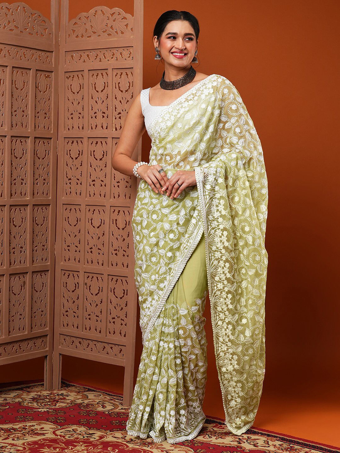 Buy Anouk Green Floral Embroidered Organza Saree - Sarees for Women ...