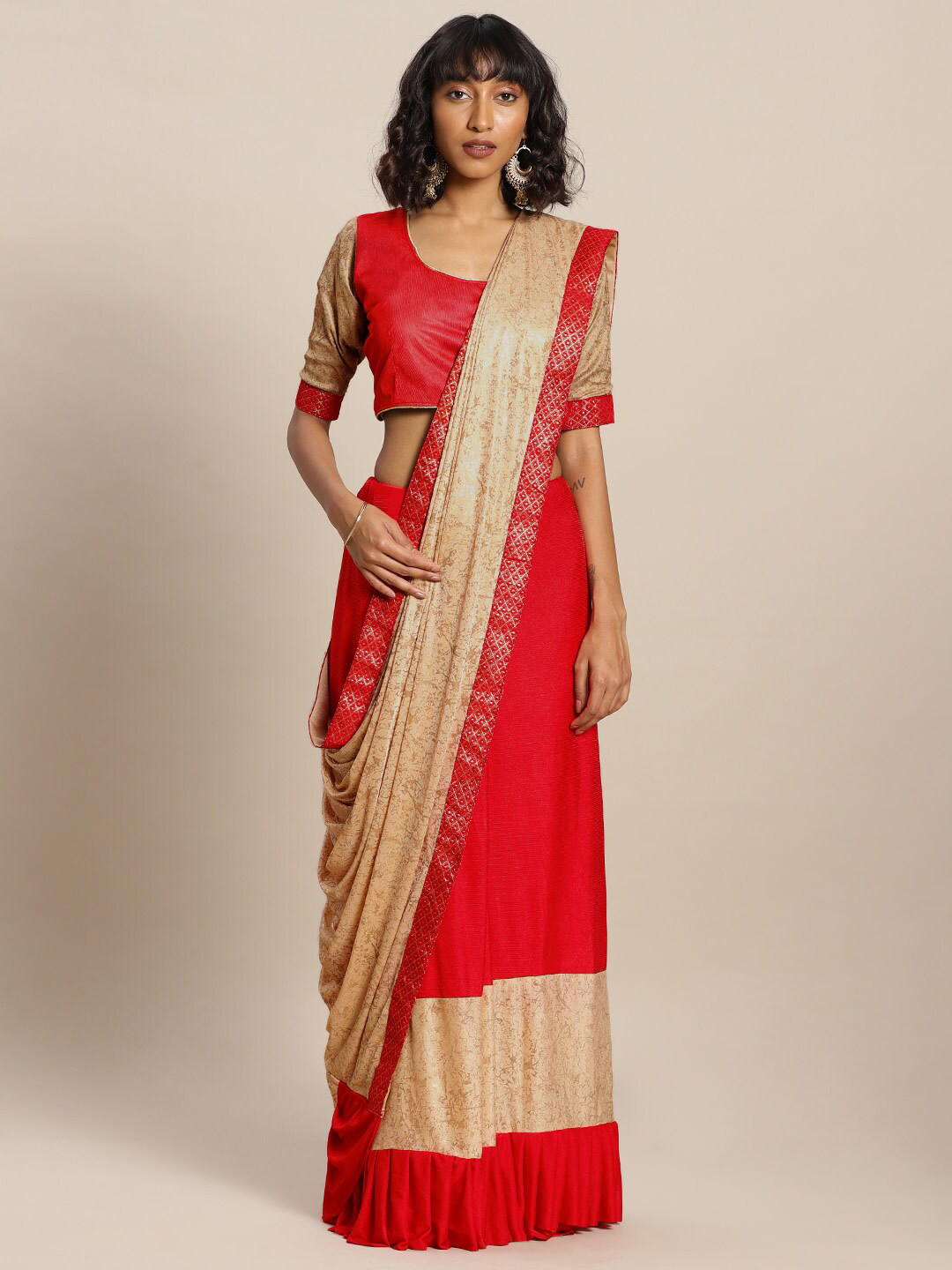Buy Sangria Red Colourblocked Ruffle Frill Saree - Sarees for Women ...