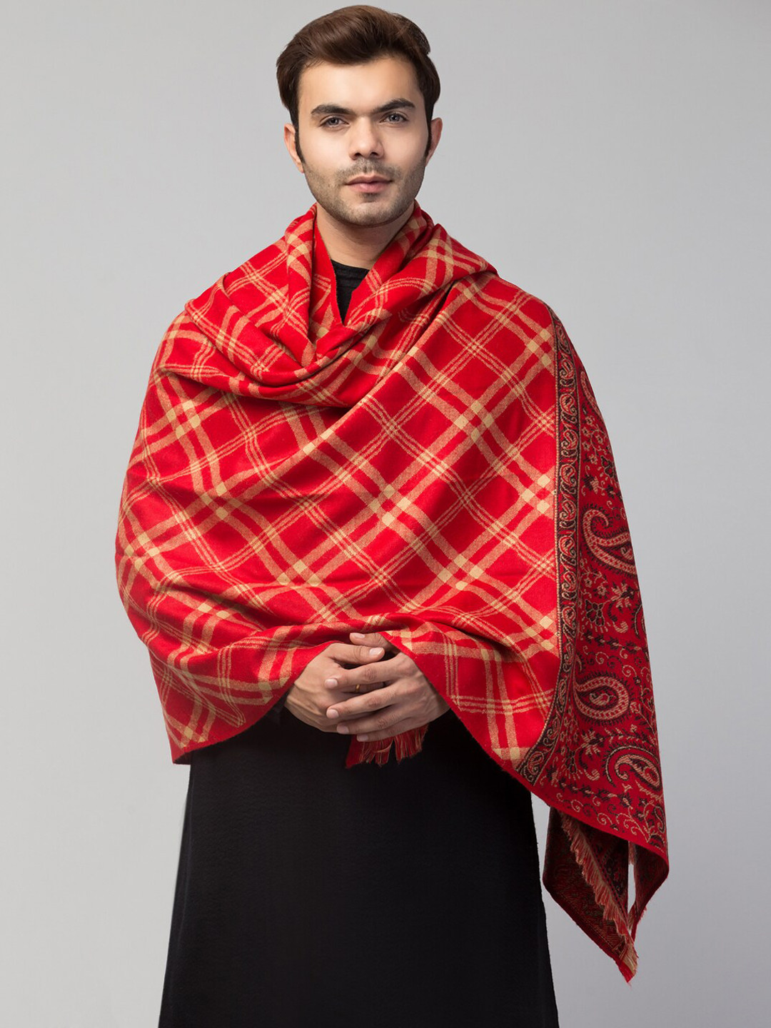 Buy Tweedle Men Checked And Paisley Design Wool Shawl - Shawl for Men ...