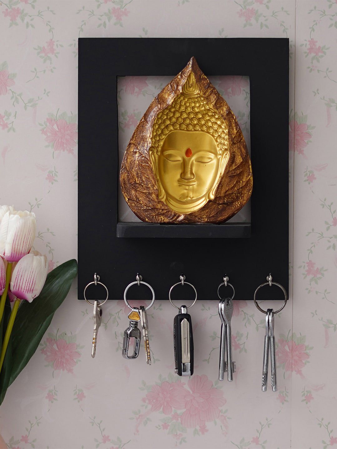Buy ECraftIndia Black Lord Buddha Head On Leaf 5 Hooks Wooden Key ...