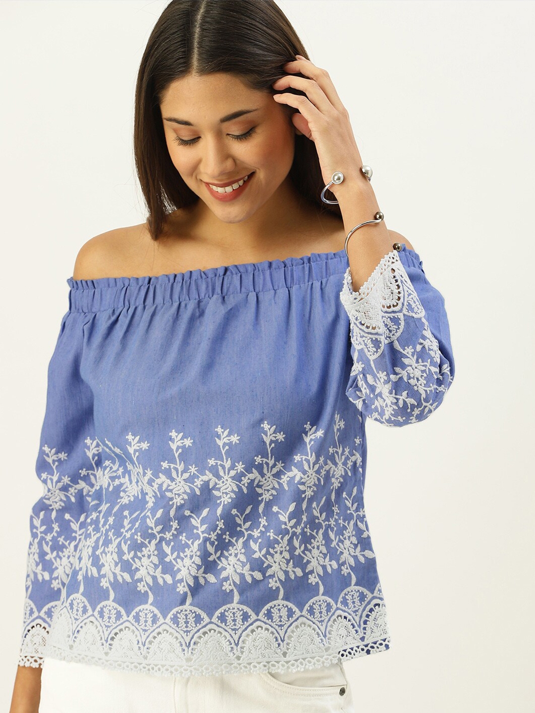 Buy Mast And Harbour Blue Floral Embroidered Off Shoulder Bardot Top
