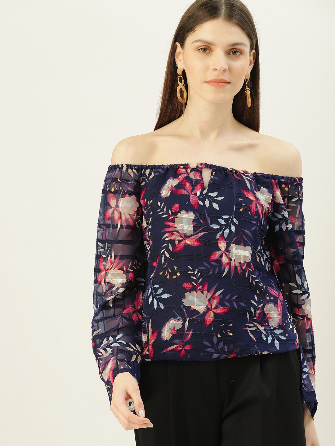 Buy Mast And Harbour Navy Blue Floral Print Off Shoulder Blouson Top