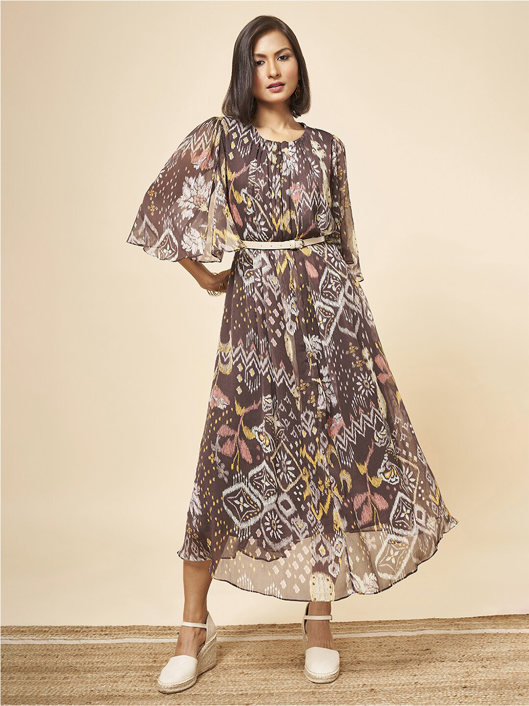 Buy Marigold Lane Abstract Printed Flared Sleeve A Line Midi Dress ...
