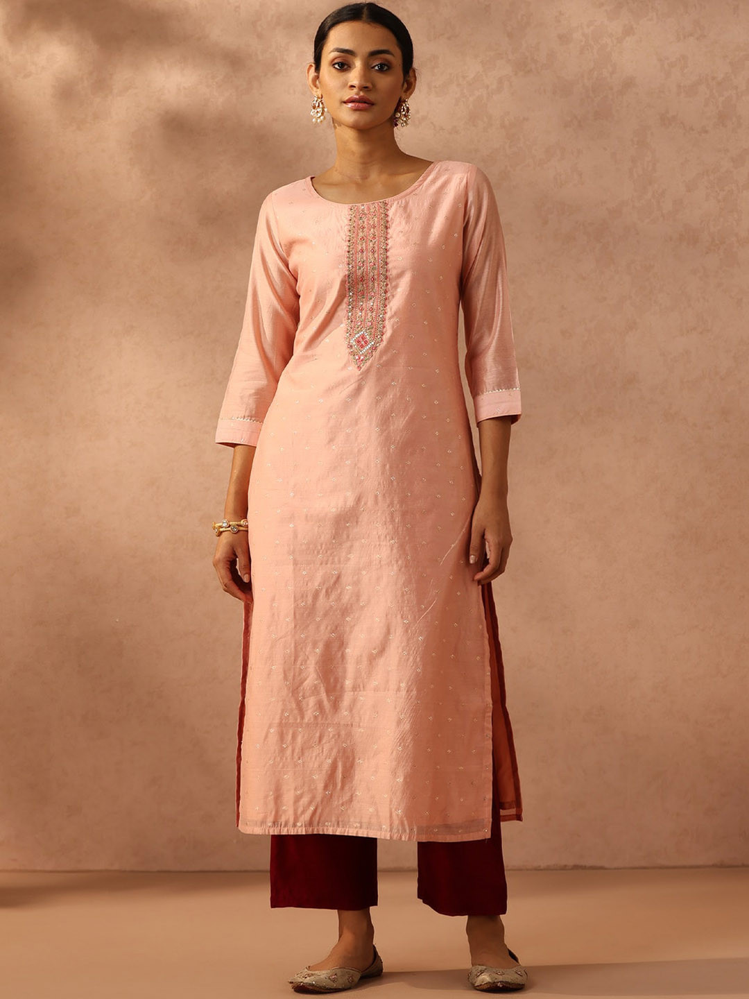 Buy Libas Peach Coloured Thread Work Chanderi Silk Straight Kurta ...