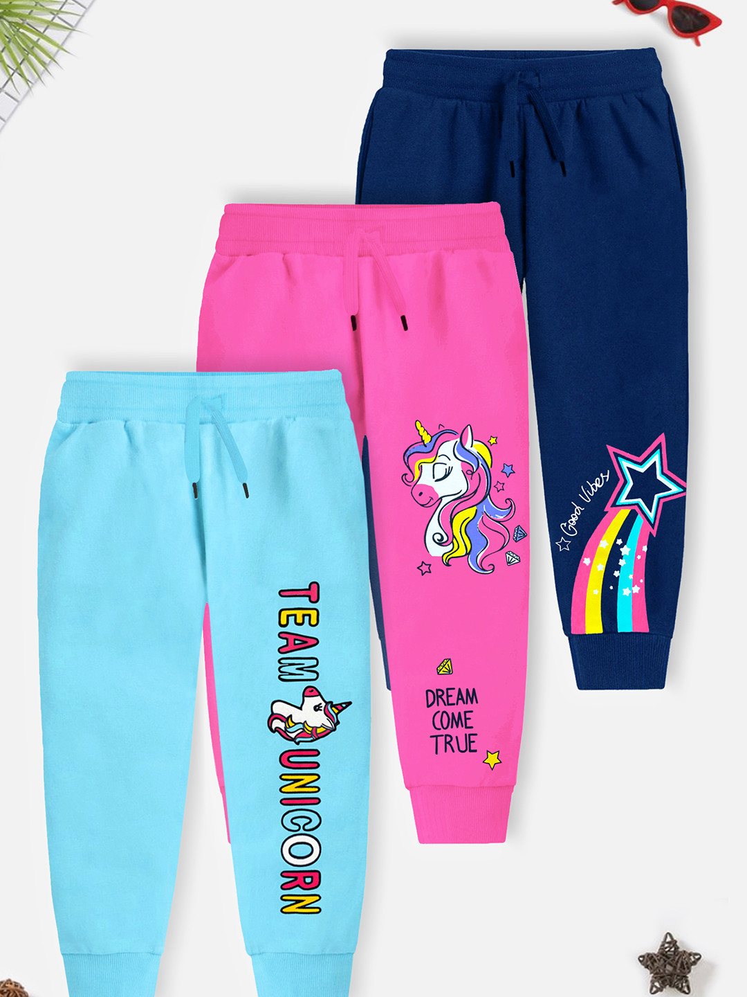 Buy Trampoline Girls Pack Of 3 Graphic Printed Cotton Joggers - Track ...