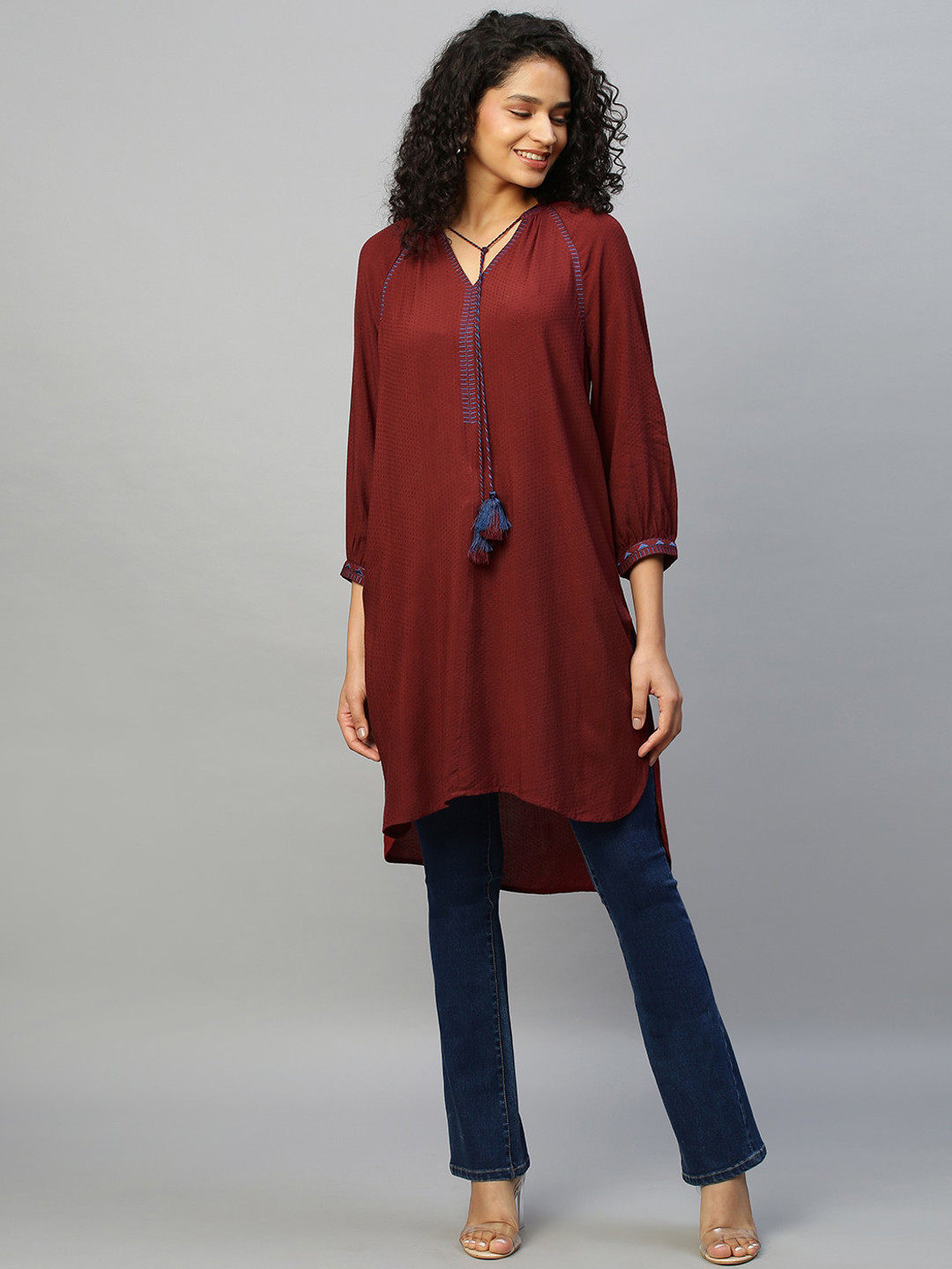 Buy Modern Indian By CHEMISTRY V Neck Longline Tunic - Tunics for Women ...