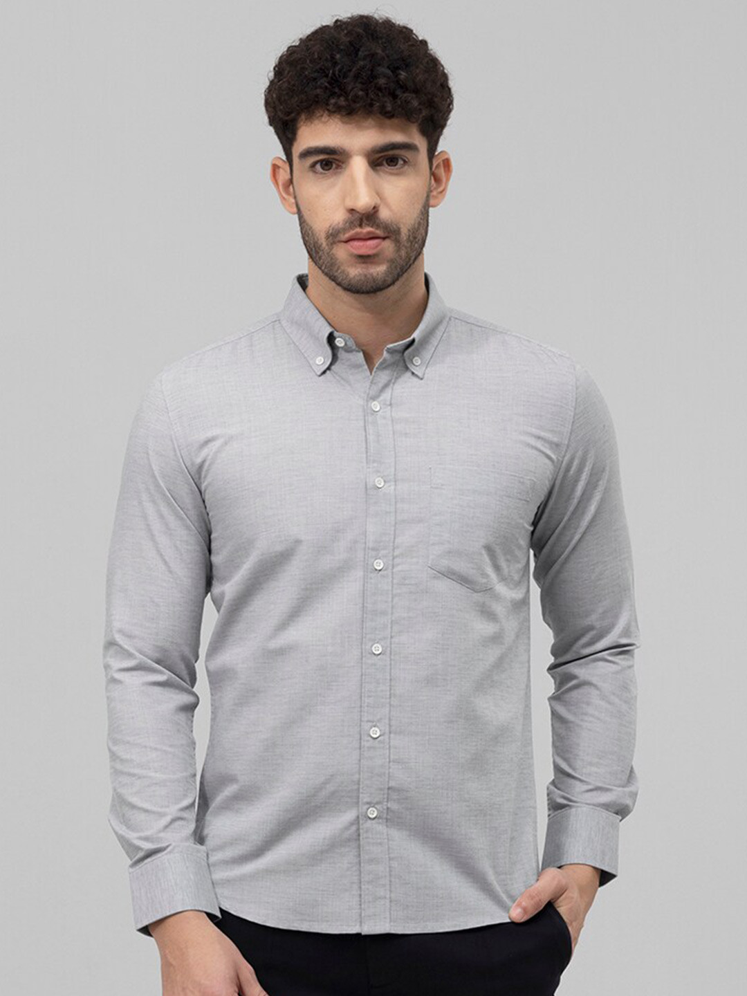 Buy Snitch Grey Button Down Collar Classic Slim Fit Linen Casual Shirt ...