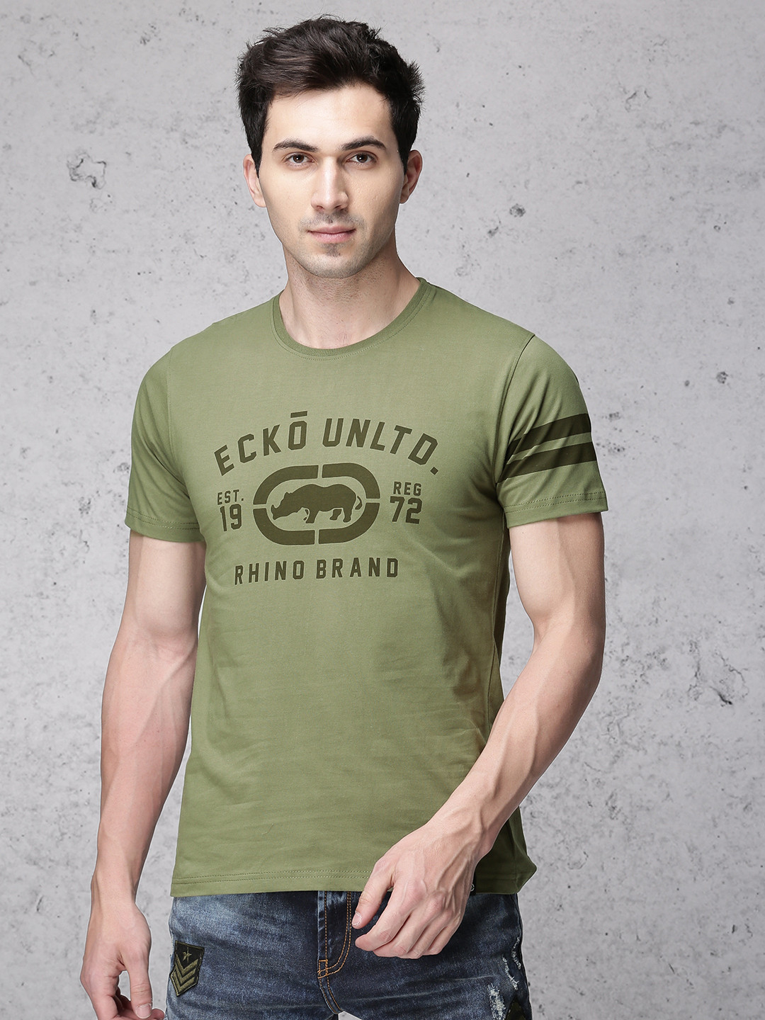 Buy Ecko Unltd Men Olive Green Printed Slim Fit Round Neck T Shirt ...