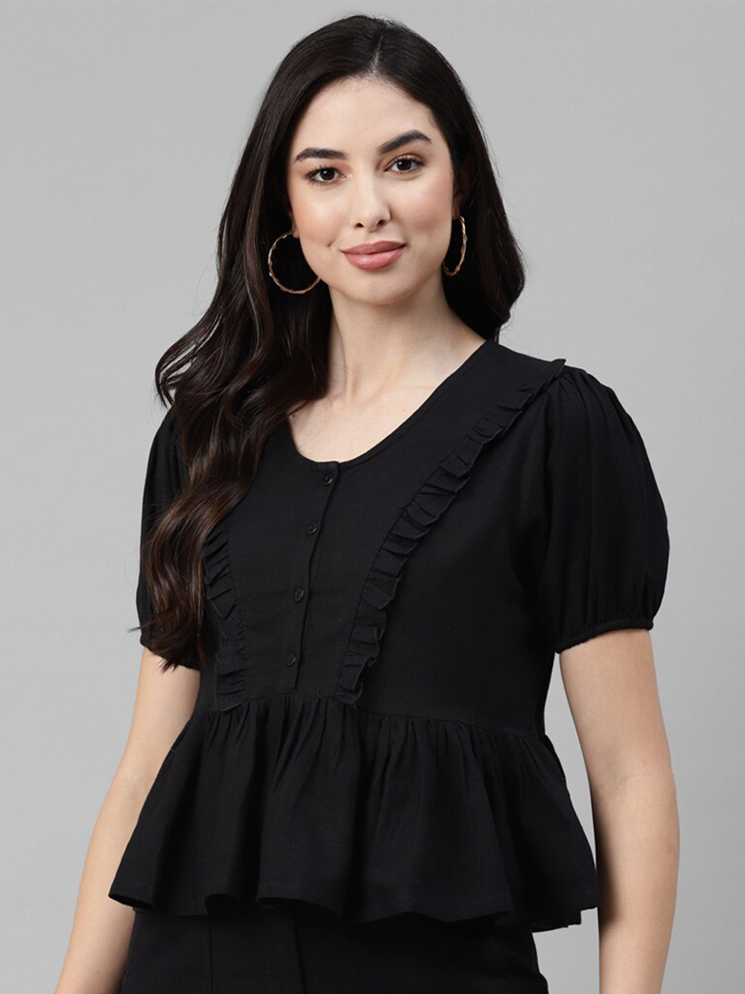 Buy DEEBACO Puff Sleeve Ruffles Cotton Peplum Top - Tops for Women ...