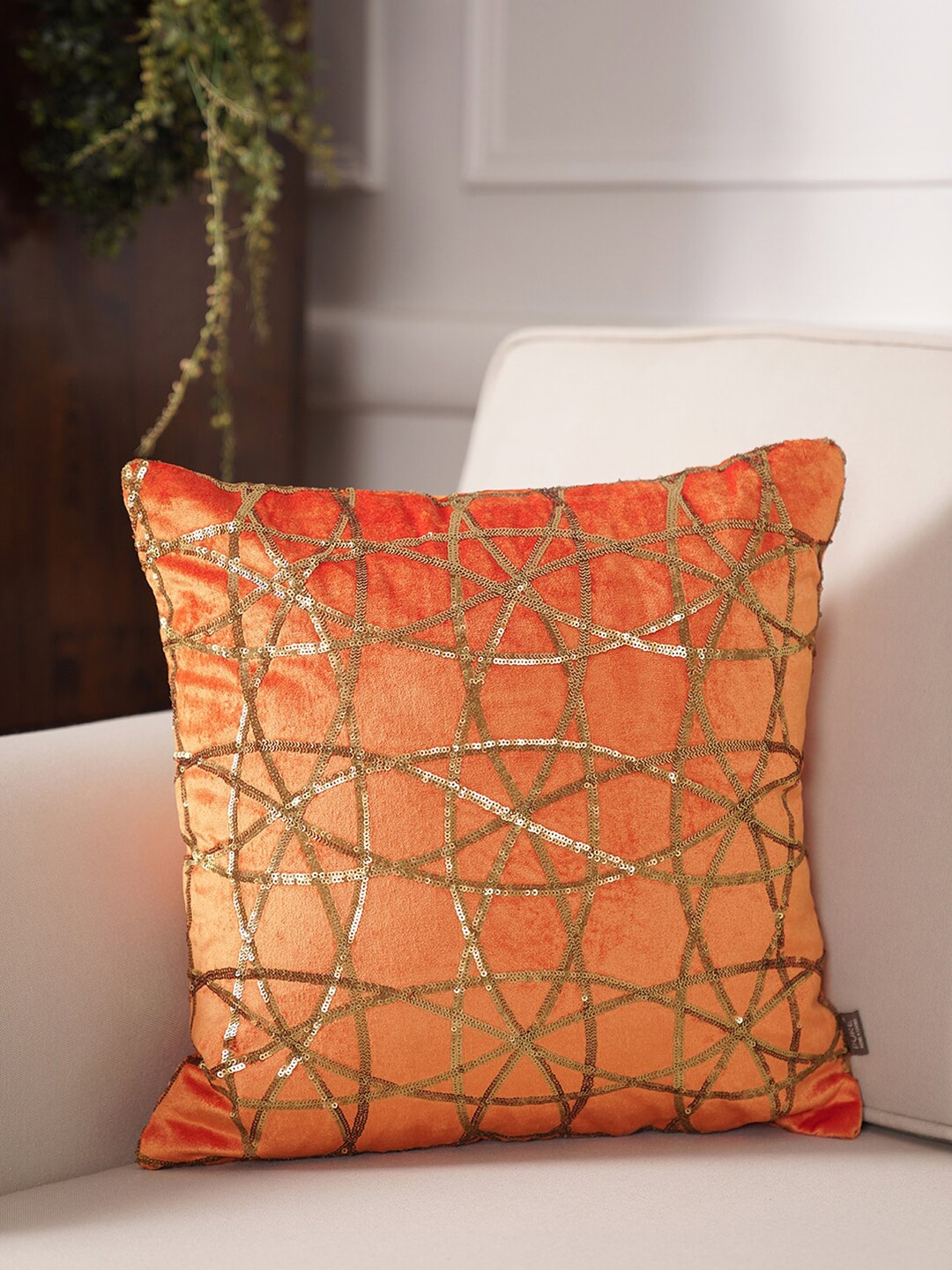 Buy Pure Home And Living Orange And Gold Toned Embroidered Cotton Square