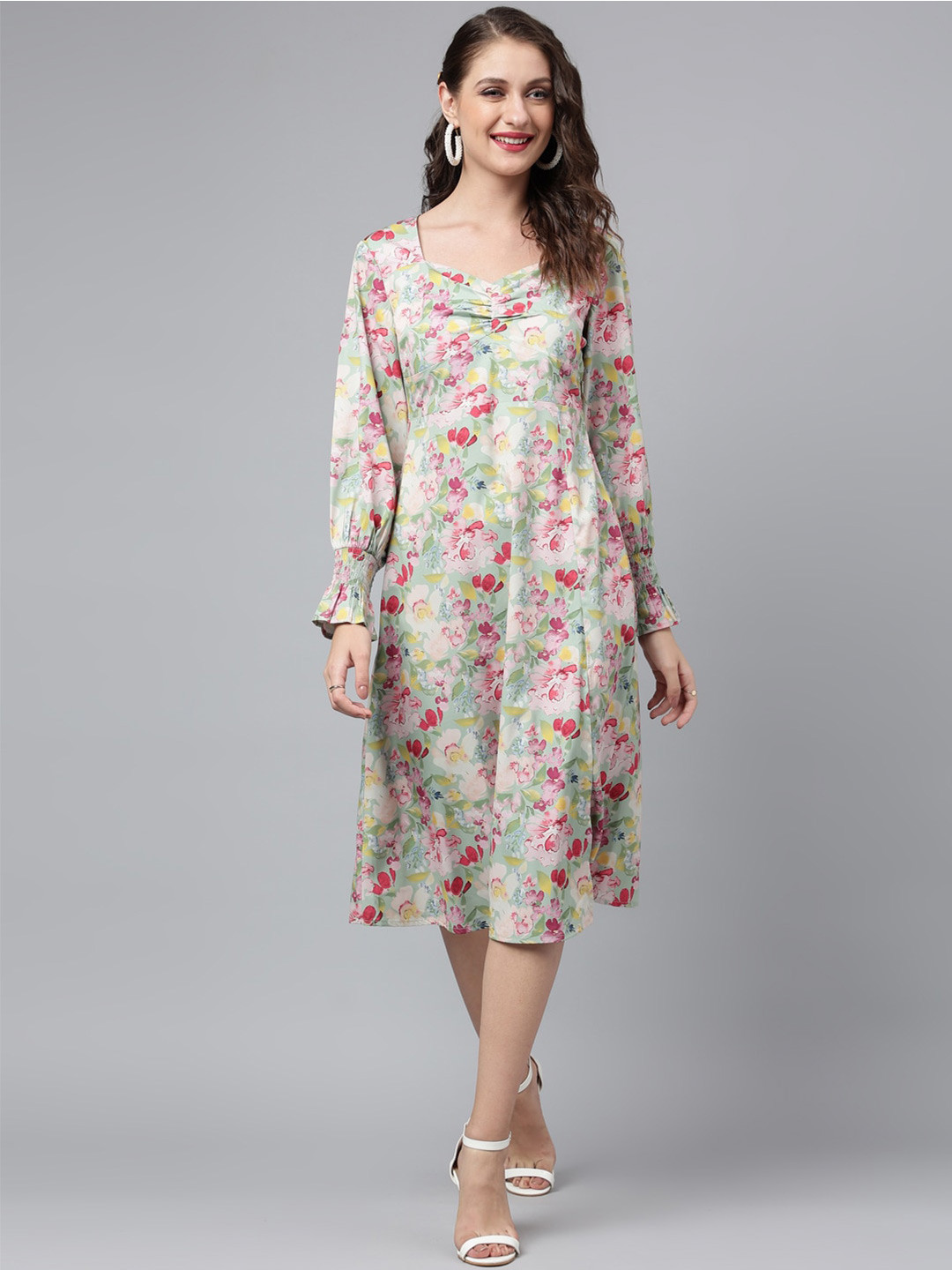 Buy Pinwheel Floral Printed Sweetheart Neck A Line Midi Dress - Dresses ...