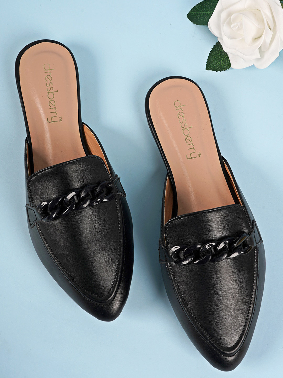 Buy DressBerry Women Black Embellished Pointed Toe Mules - Flats for ...