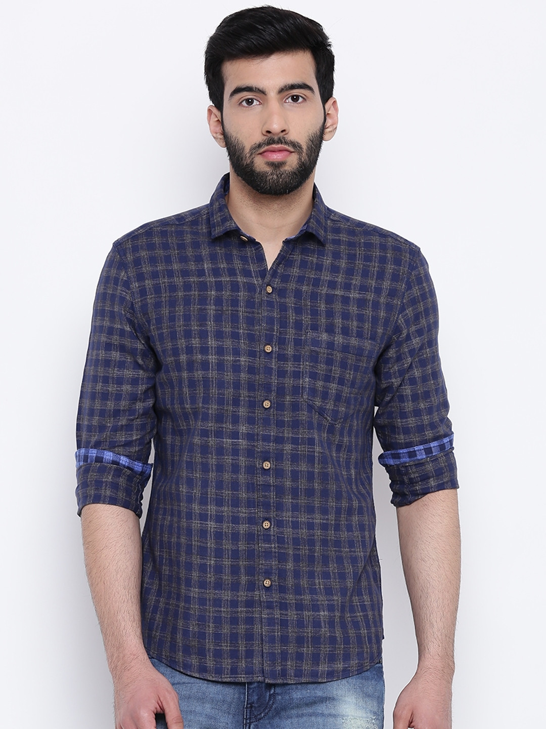 Buy Indigo Nation Men Navy Blue & Grey Slim Fit Checked Casual Shirt ...