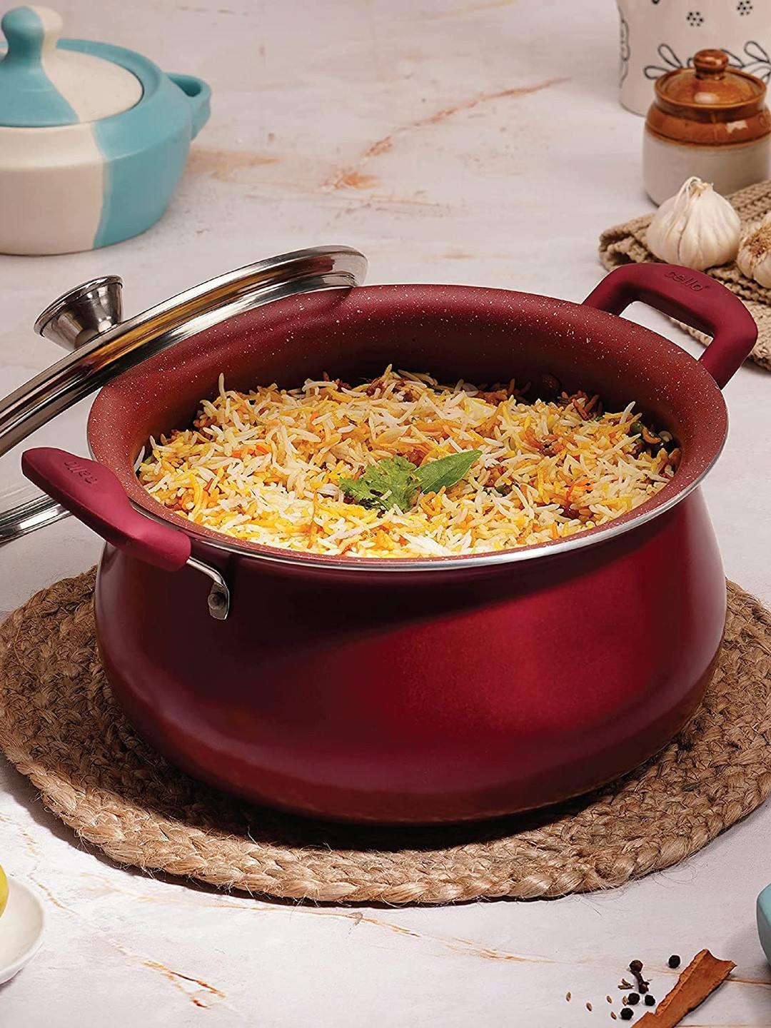 Buy Cello Crown Maroon Induction Base Biryani Pot With Glass Lid 5 Ltr ...