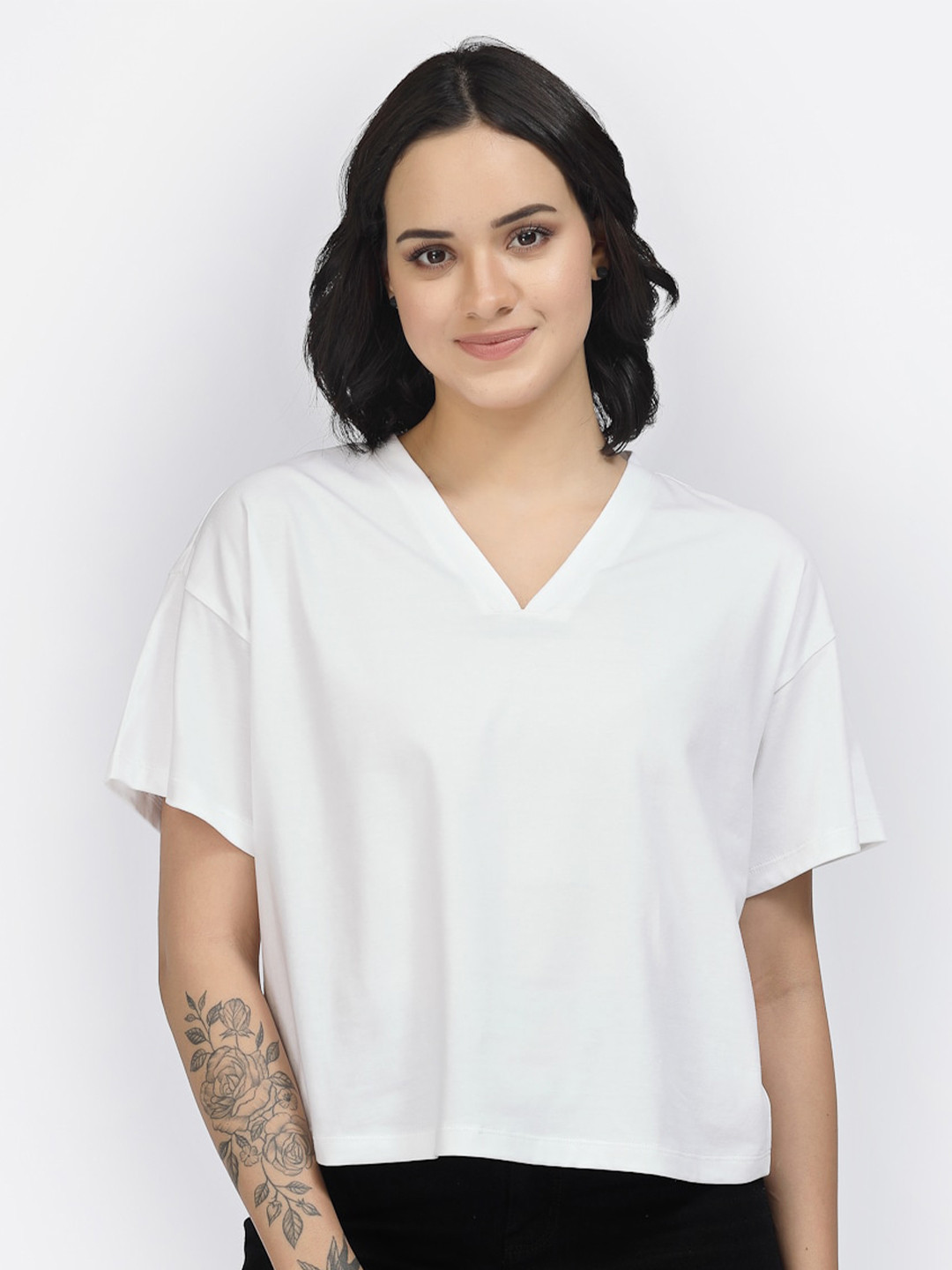 Buy YOONOY V Neck Drop Shoulder Sleeves Cotton Boxy Top - Tops for ...