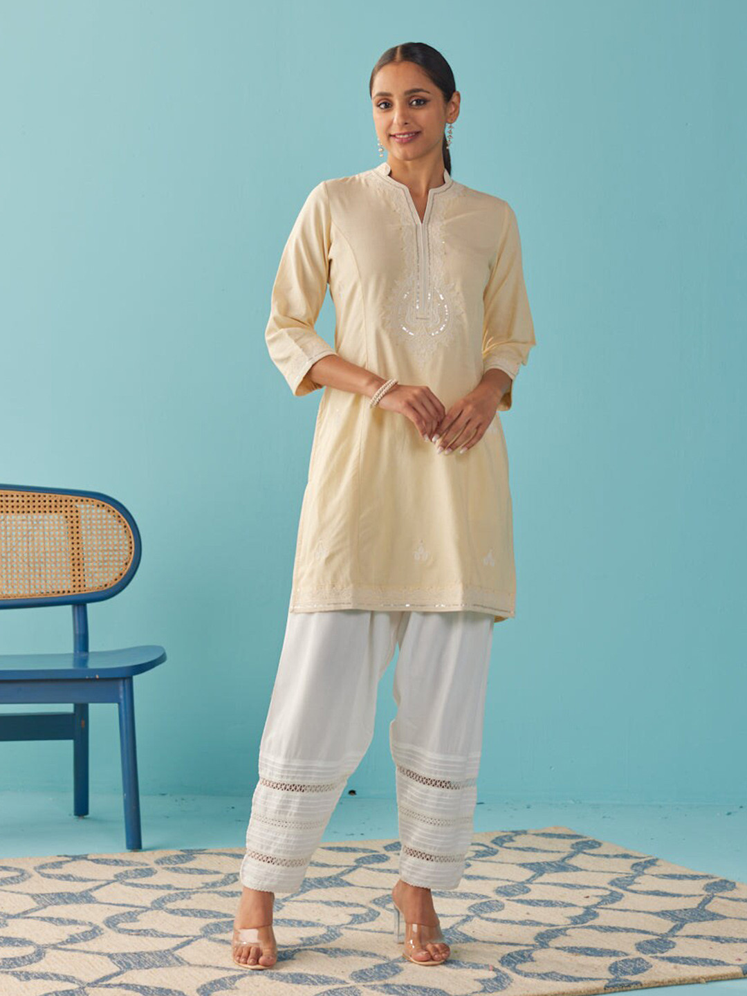 Buy Lakshita Ethnic Motifs Woven Design Sequinned Thread Work Kurti ...