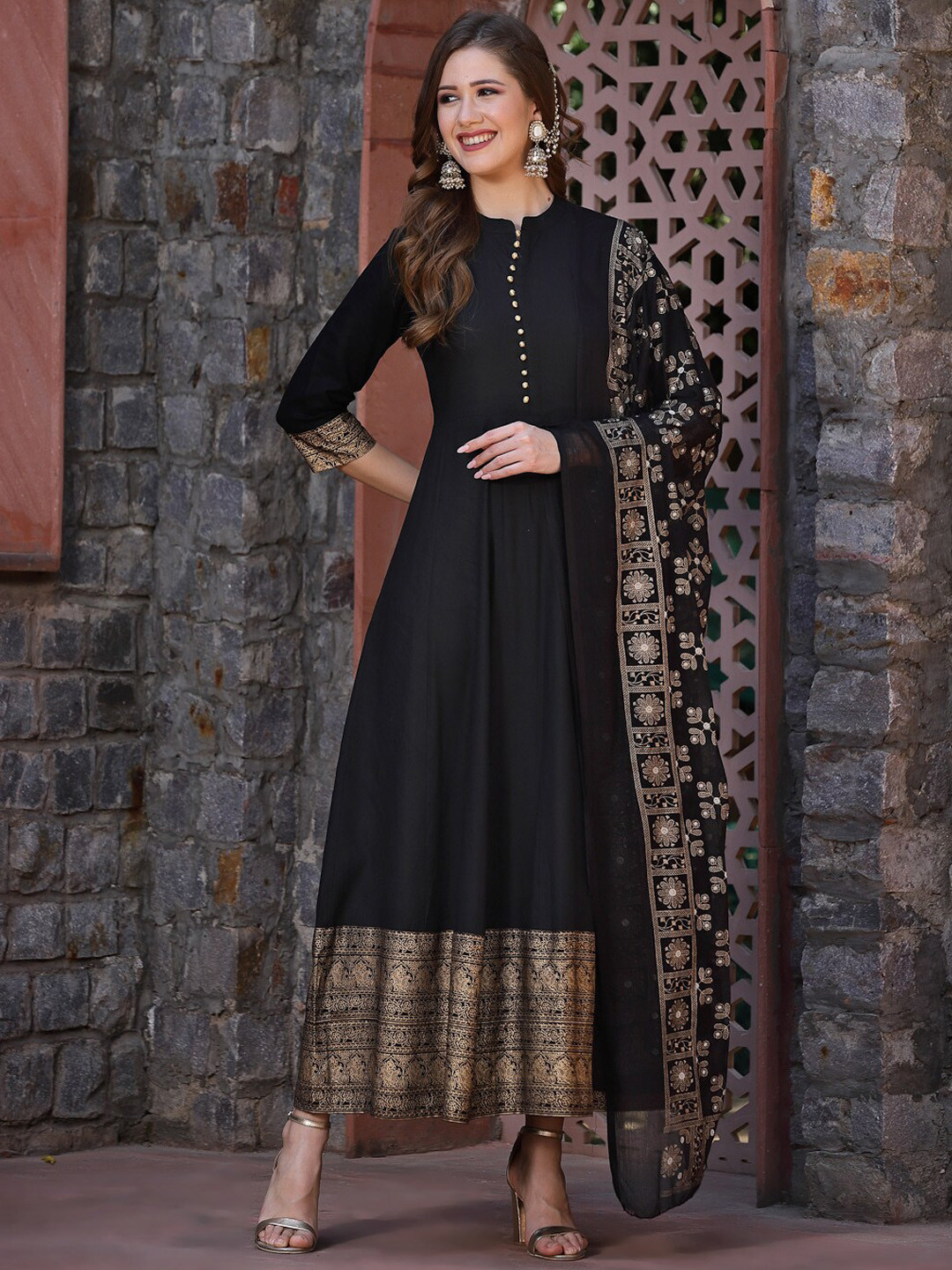 Buy Stylum Black & Gold Ethnic Motifs Anarkali Kurta With Dupatta ...