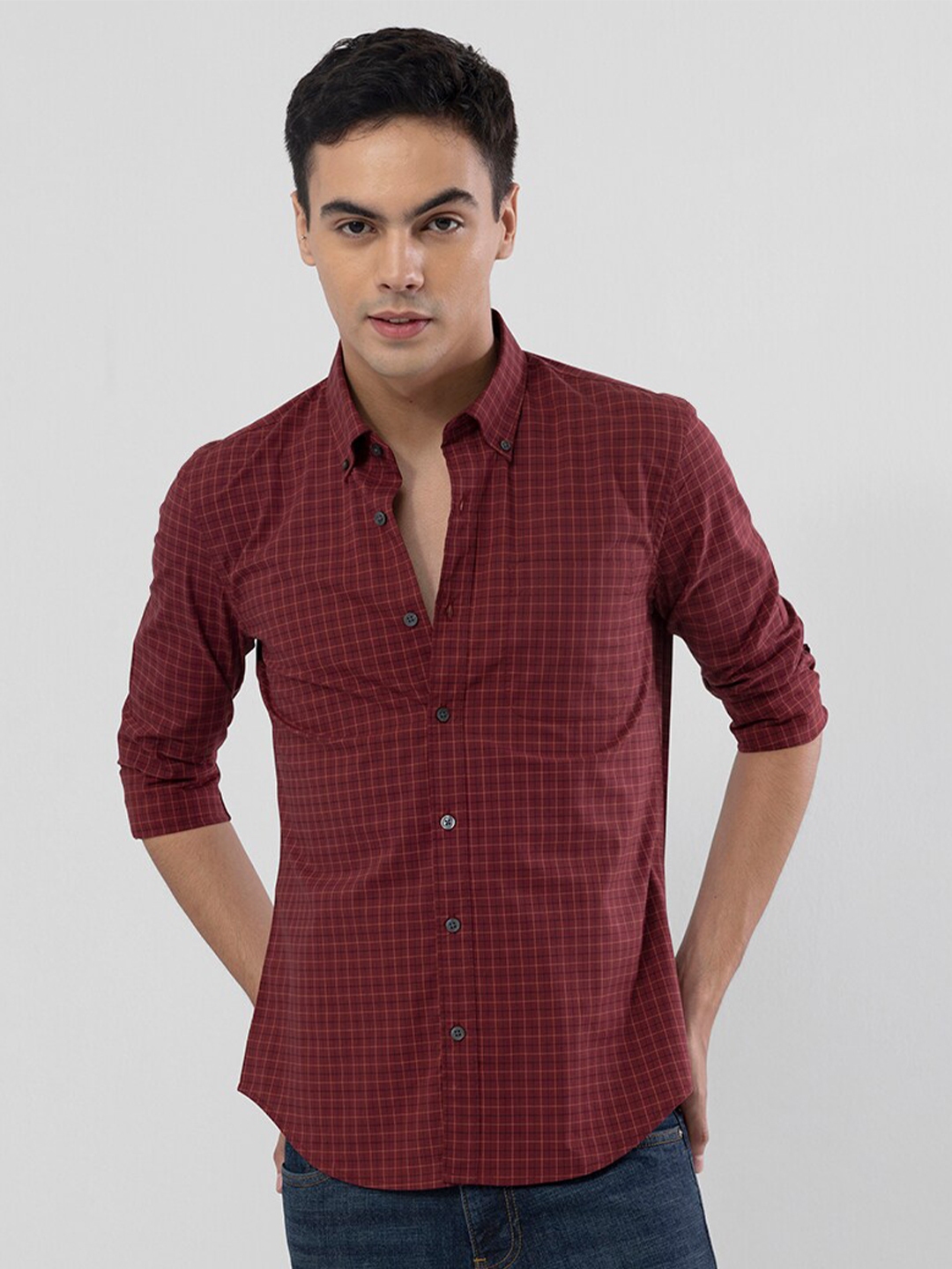 Buy Snitch Red Classic Slim Fit Opaque Checked Cotton Casual Shirt