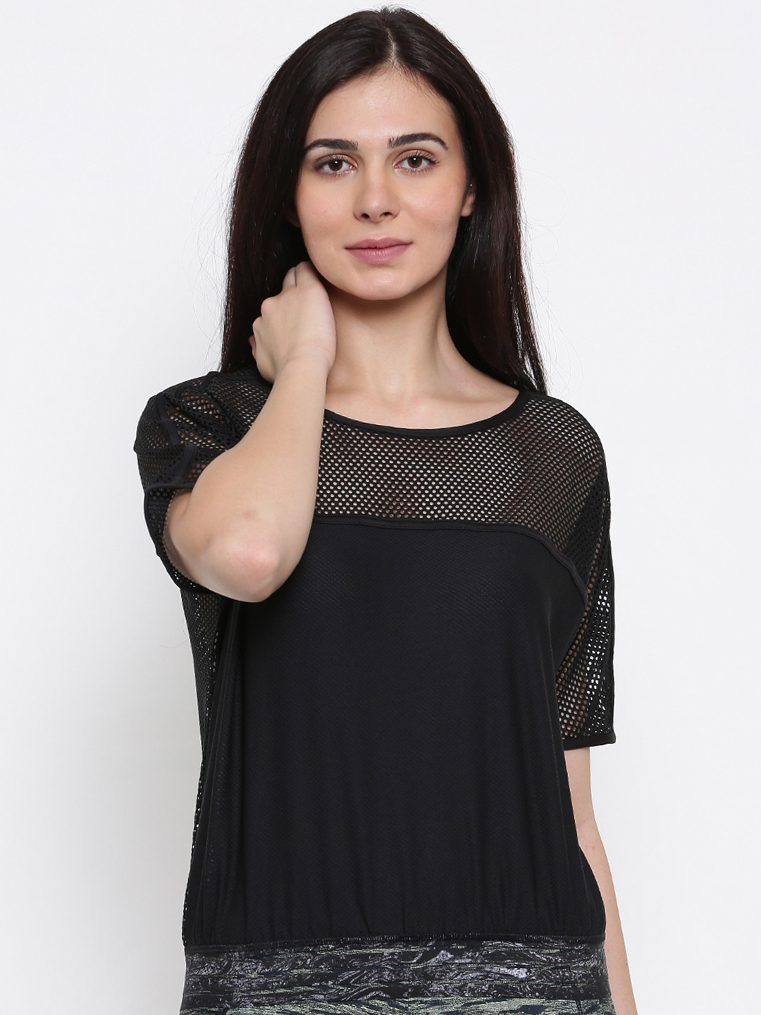 Buy Puma Women Black Self Design Explosive Mesh Semi Sheer Boxy Top ...