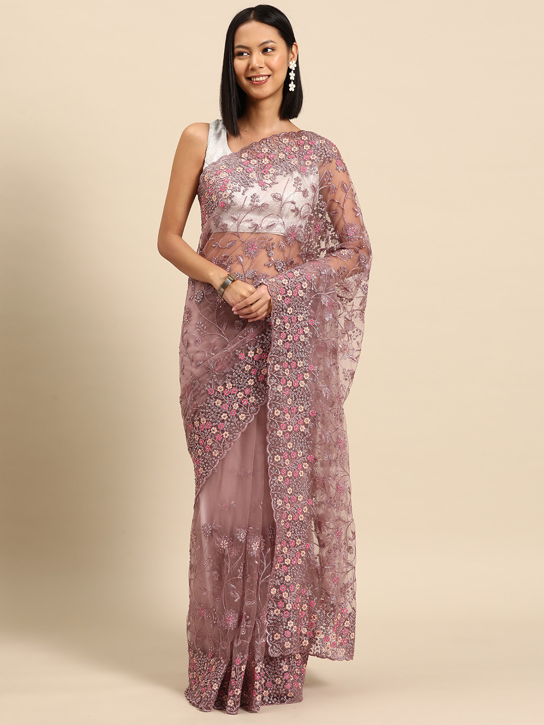 Buy Libas Floral Embroidered Net Heavy Work Saree - Sarees for Women ...
