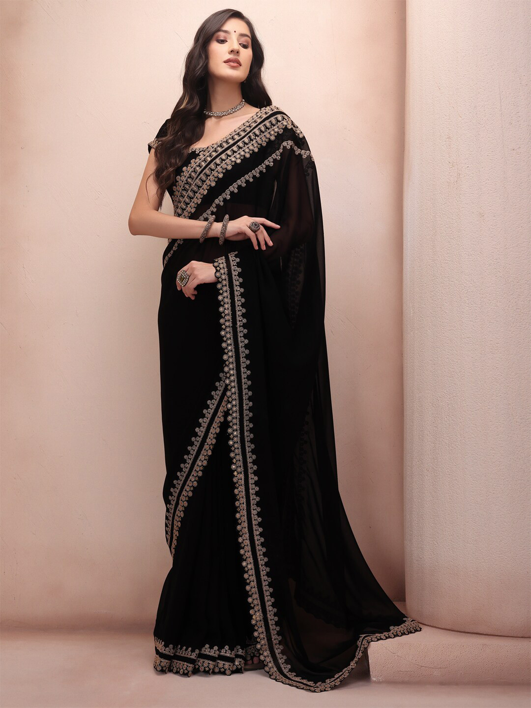 Buy Inddus Black Embellished Embroidered Border Poly Georgette Saree ...