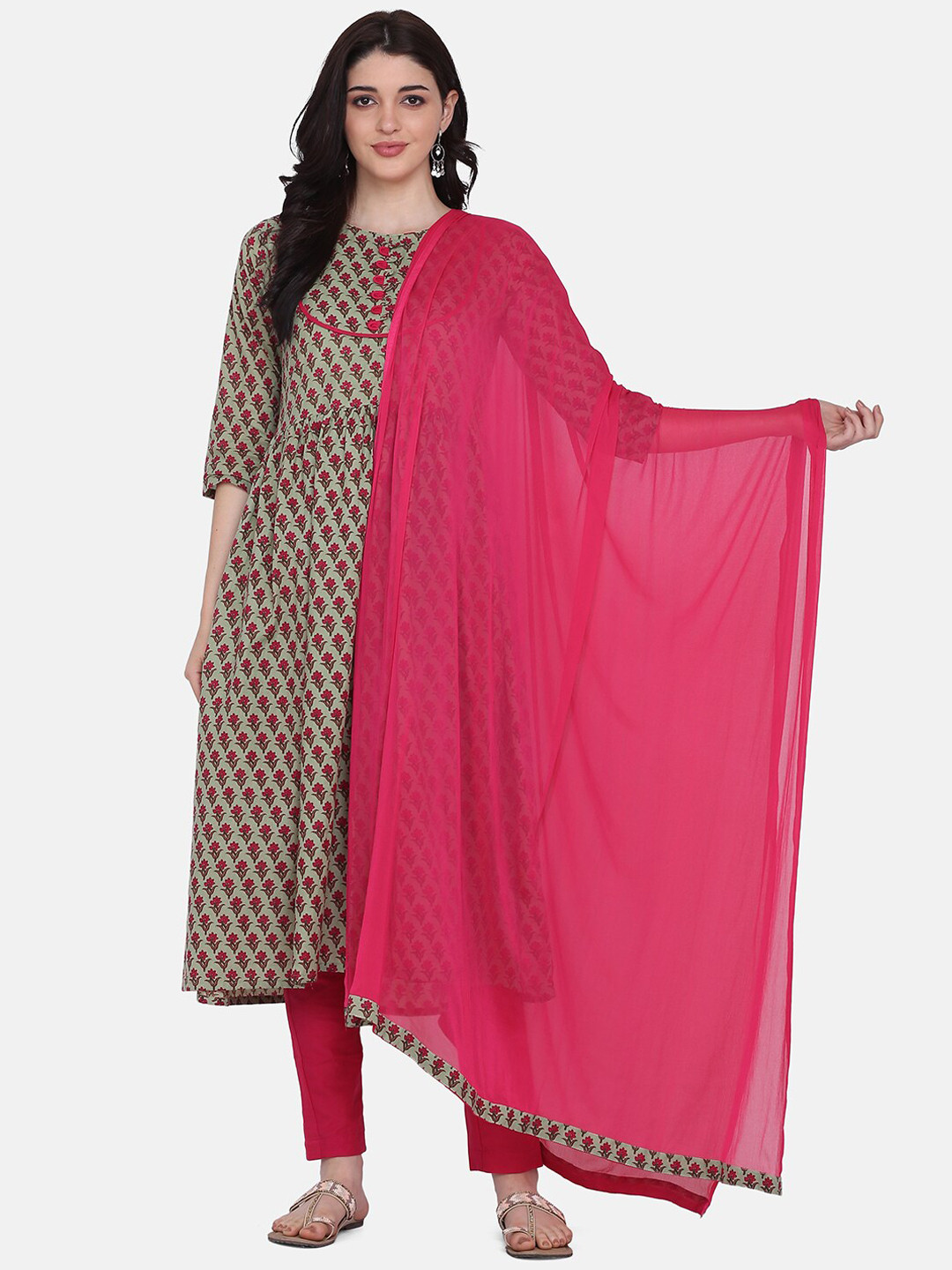 Buy KALINI Floral Printed Pure Cotton Anarkali Kurta With Trousers ...