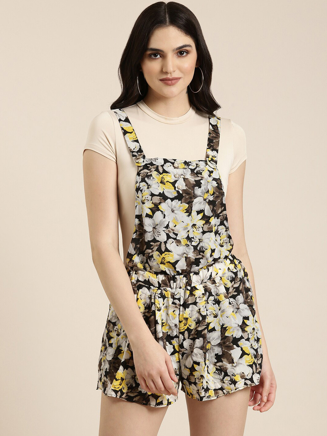 Buy SHOWOFF Floral Printed Above Knee Length Cotton Dungarees ...