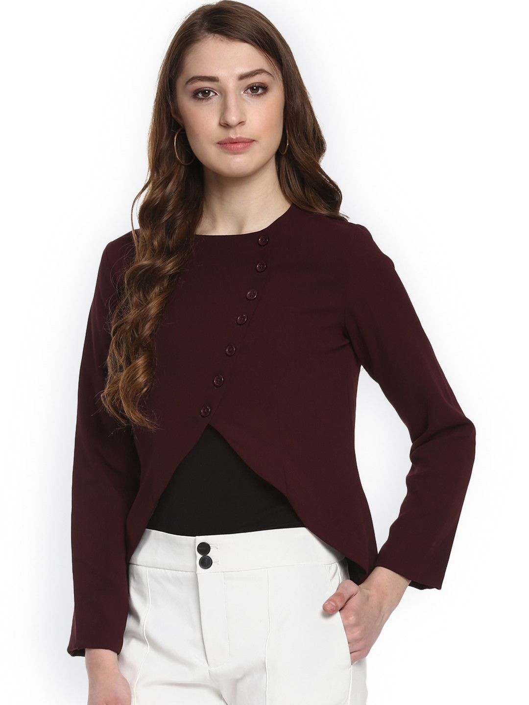 Buy StyleStone Women Maroon Solid Asymmetric Closure Tailored Jacket ...