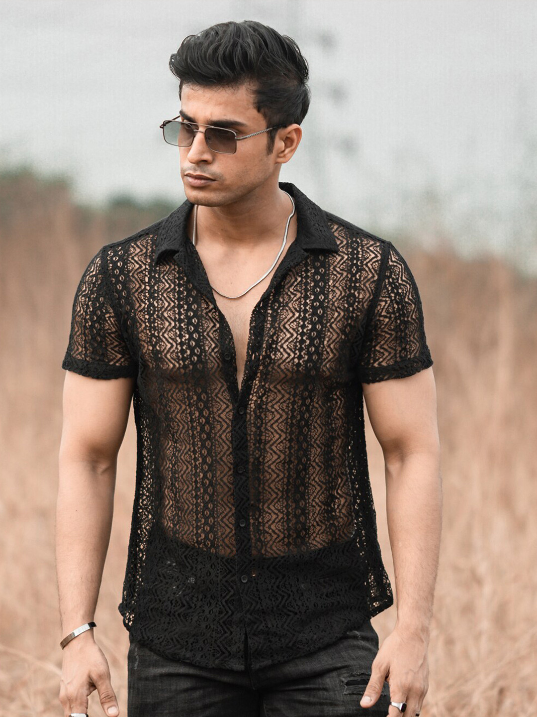 Buy Powerlook India Slim Black Self Design Sheer Cotton Casual Shirt ...