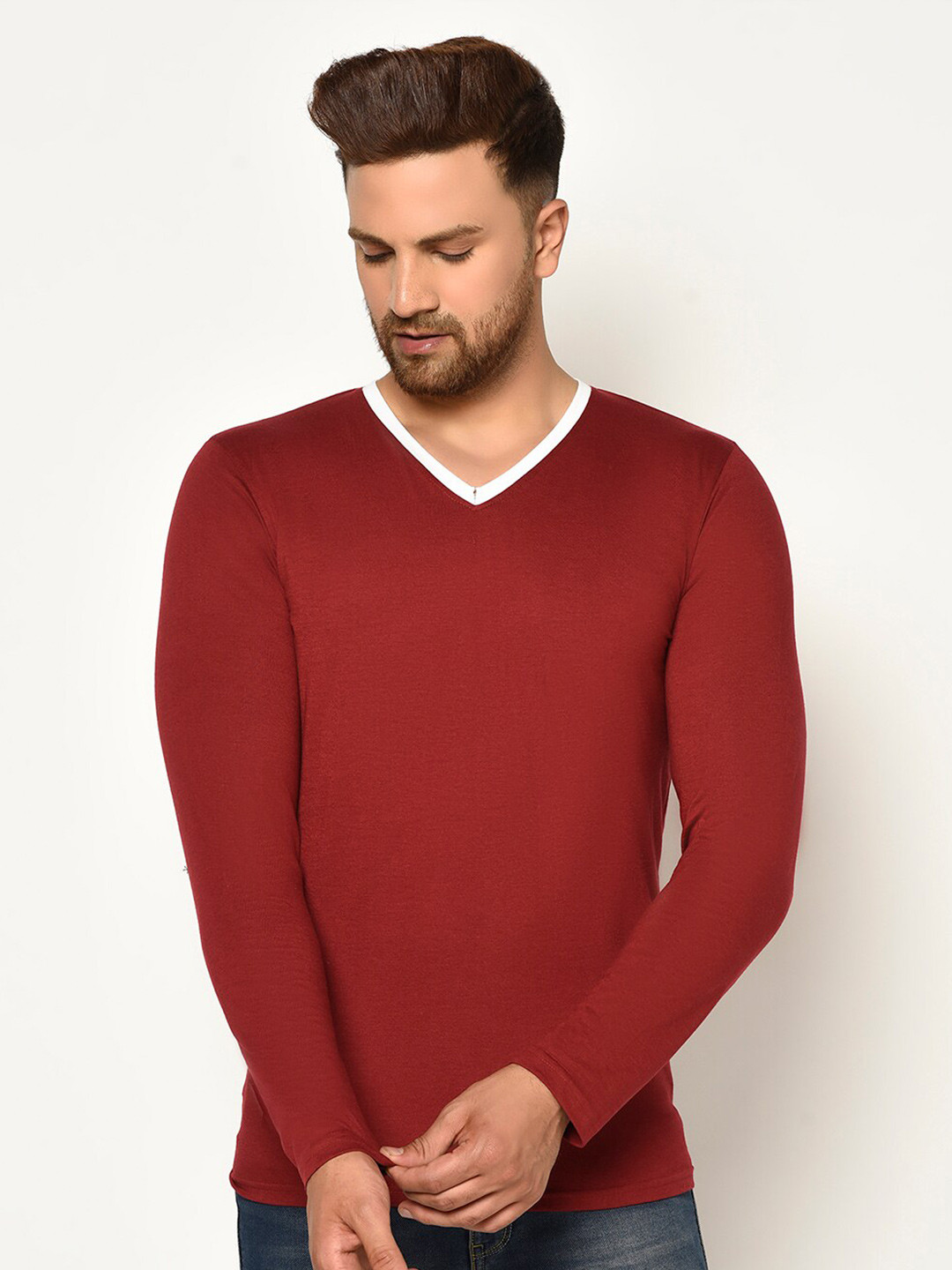 Buy GLITO Solid V Neck Full Sleeve Pure Cotton T Shirt - Tshirts for ...