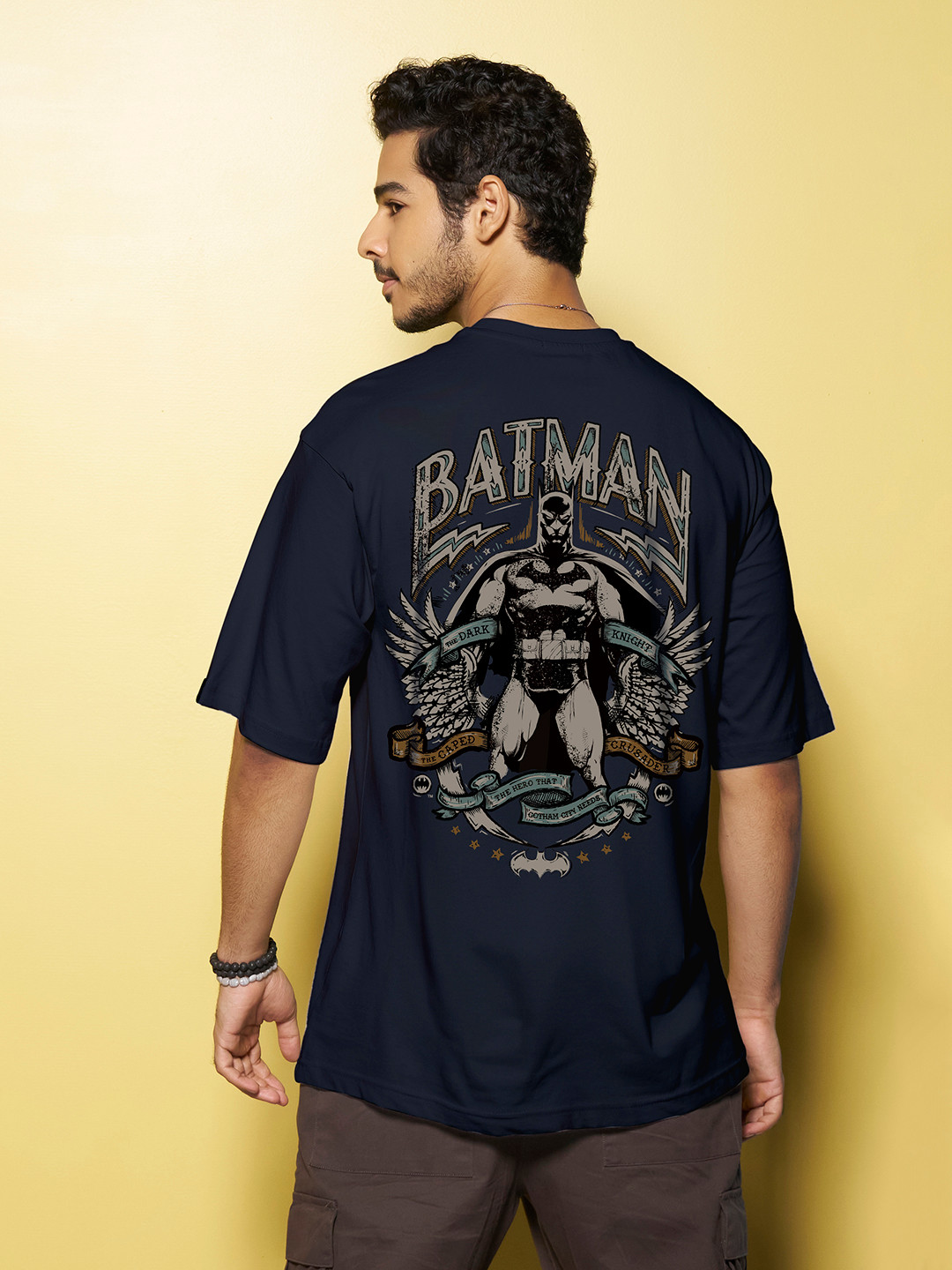Buy Bewakoof Navy Blue Batman Printed Drop Shoulder Sleeves Pure Cotton ...