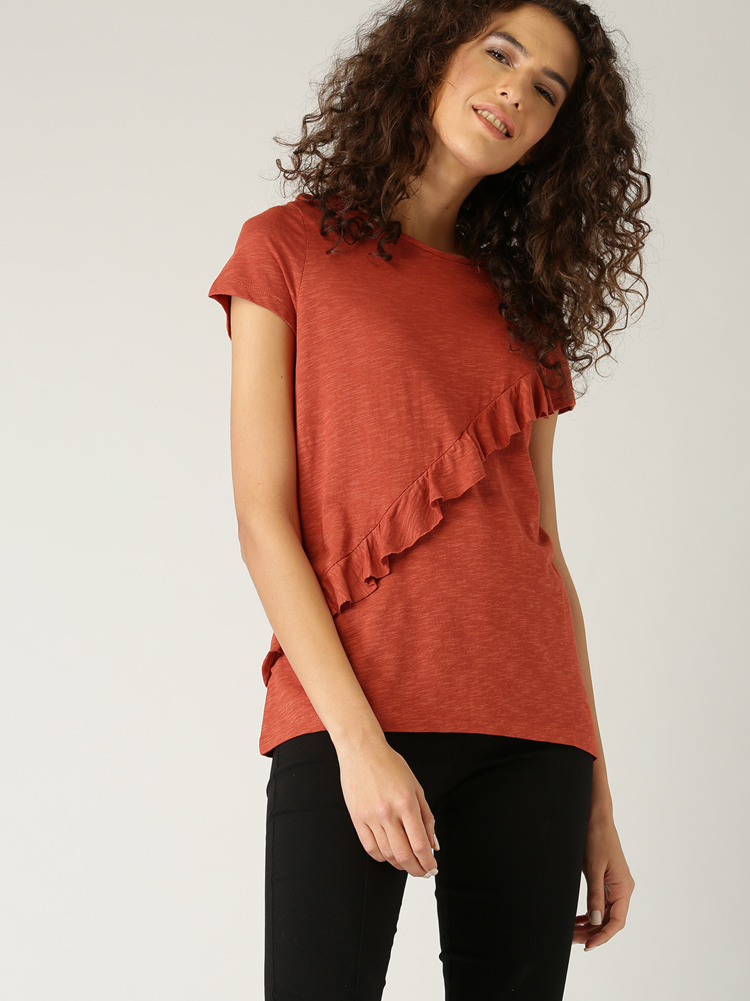 Buy ESPRIT Women Rust Orange Solid Top With Ruffles - Tops for Women ...