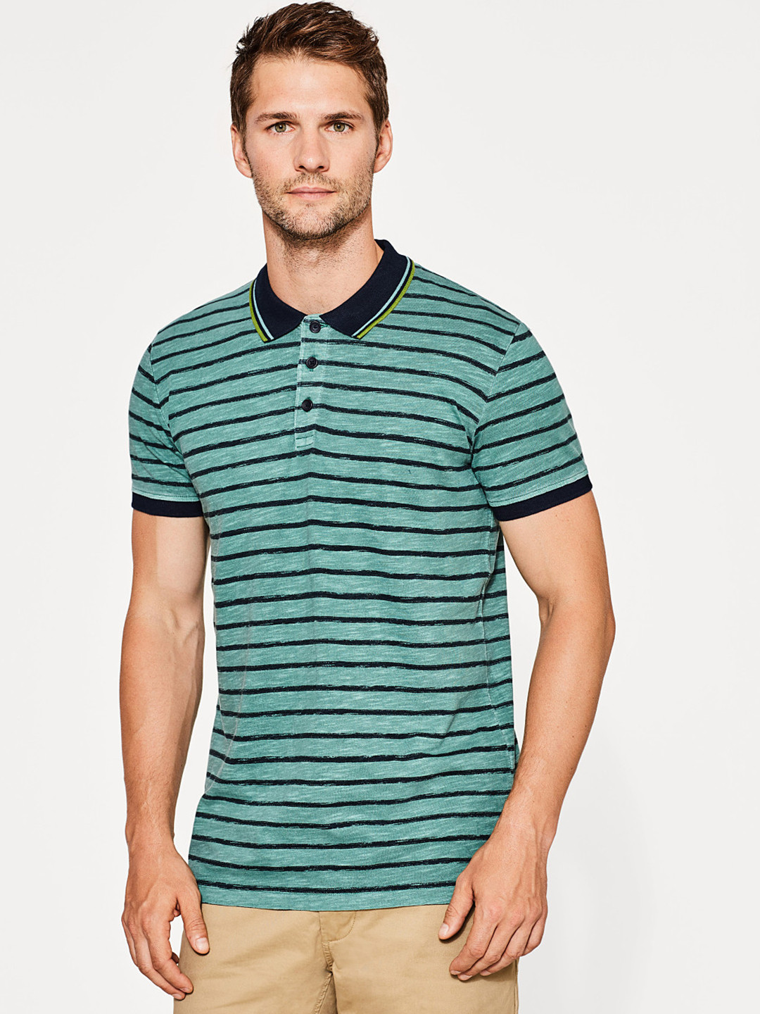 Buy ESPRIT Men Green Striped Polo Collar T Shirt - Tshirts for Men ...