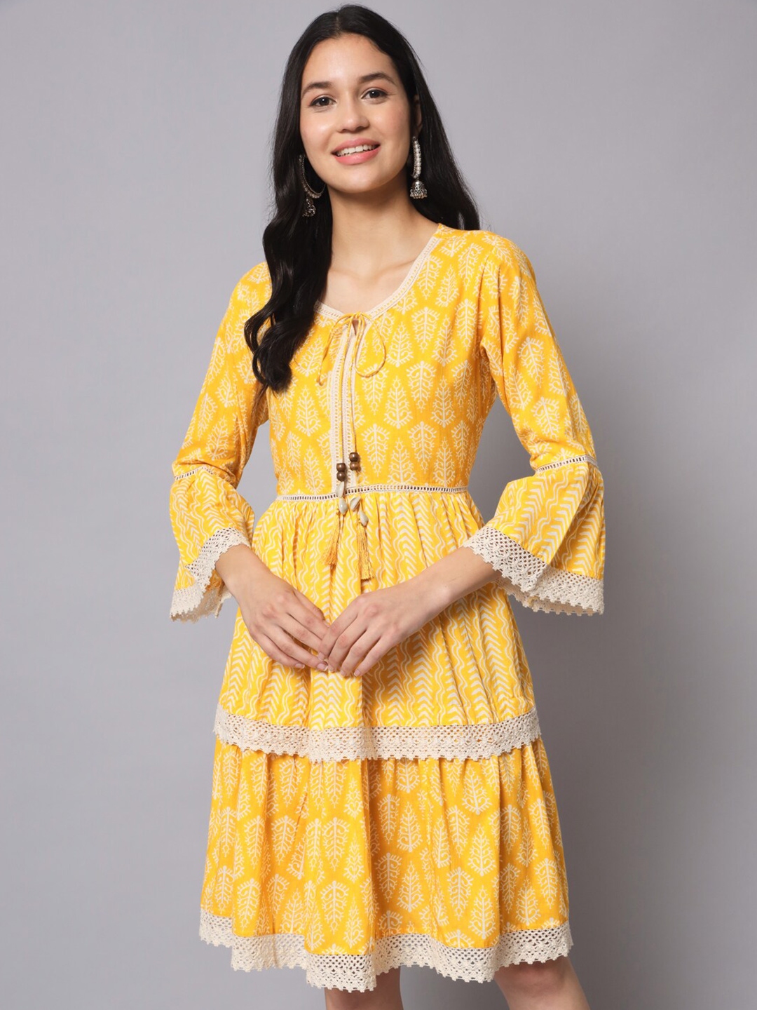 Buy Kalini Ethnic Motifs Printed V Neck Bell Sleeves Tie Up Detailed