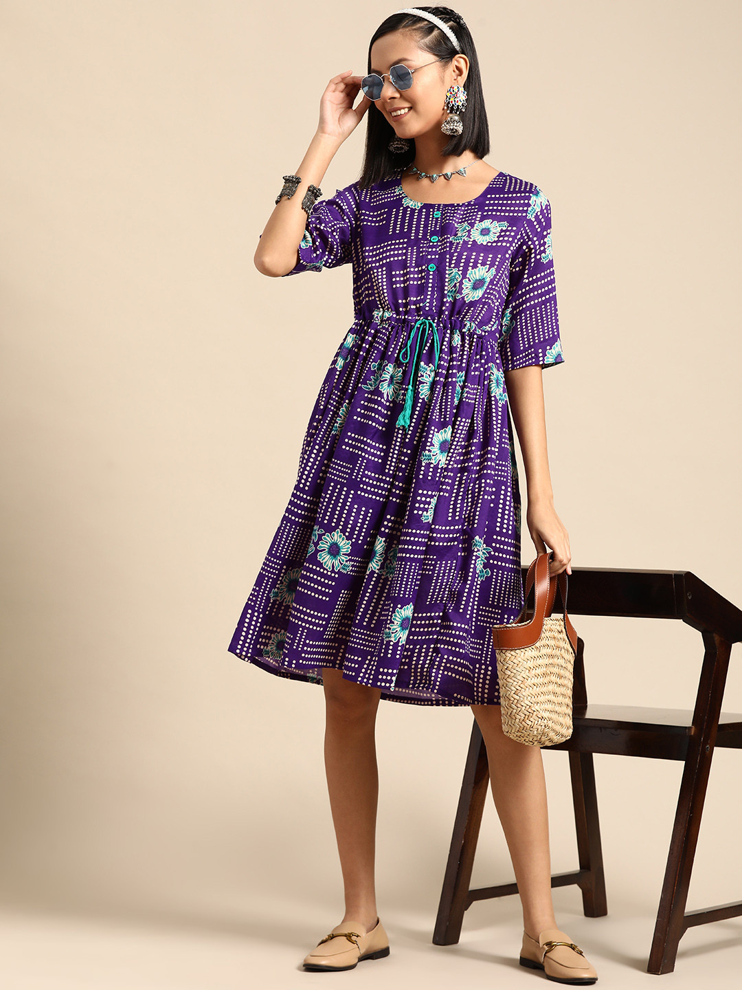 Buy Sangria Floral Printed A Line Midi Ethnic Dress - Ethnic Dresses ...