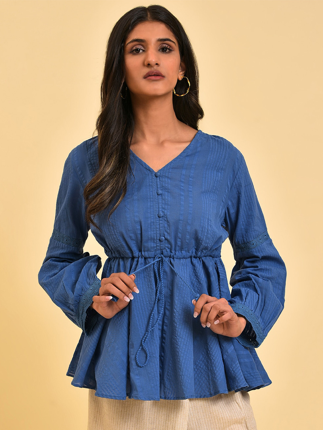 Buy W Blue Self Design Pure Cotton Cinched Waist Top - Tops for Women ...