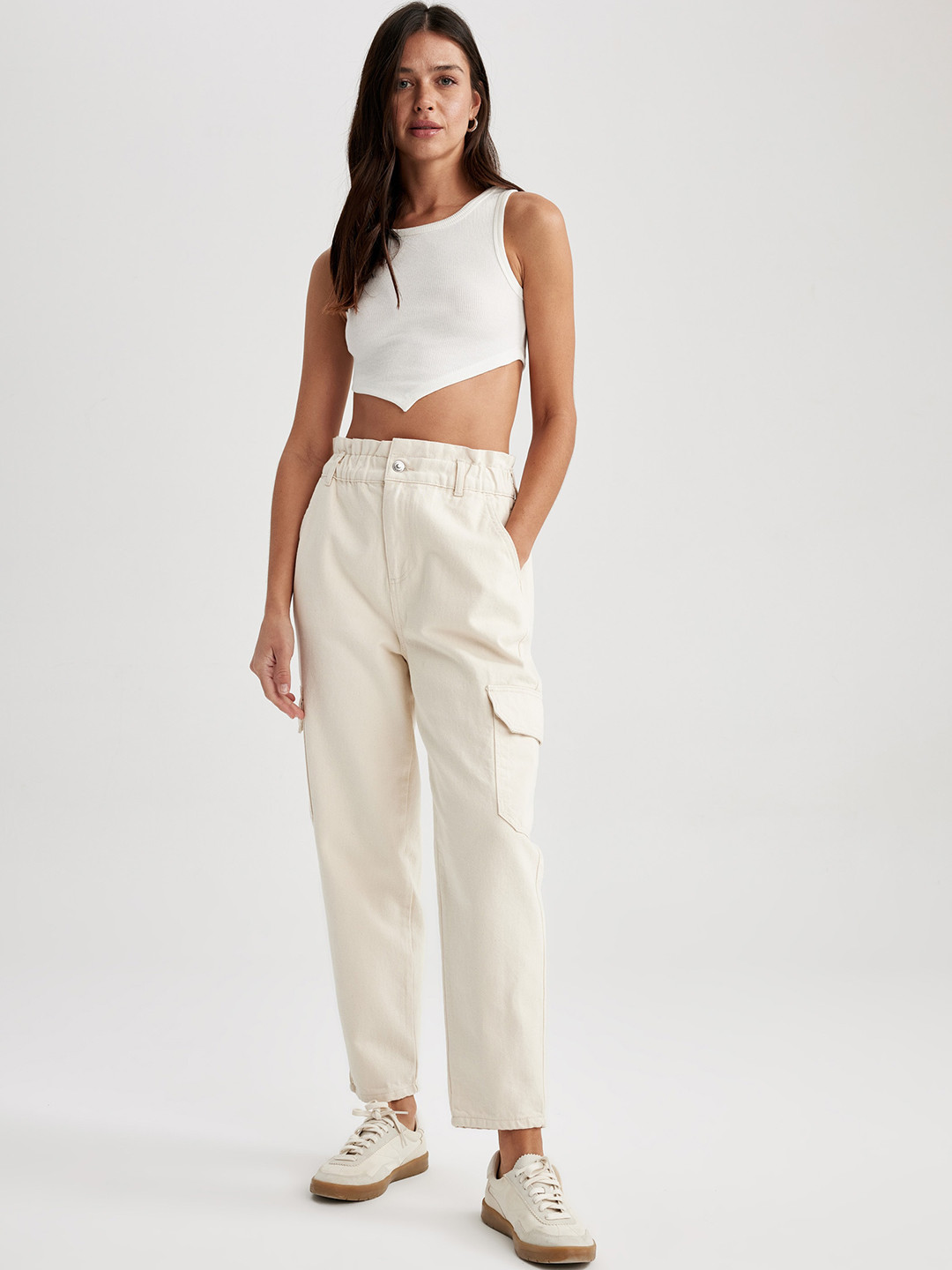 Buy DeFacto Women High Rise Plain Pure Cotton Cargos - Trousers for ...