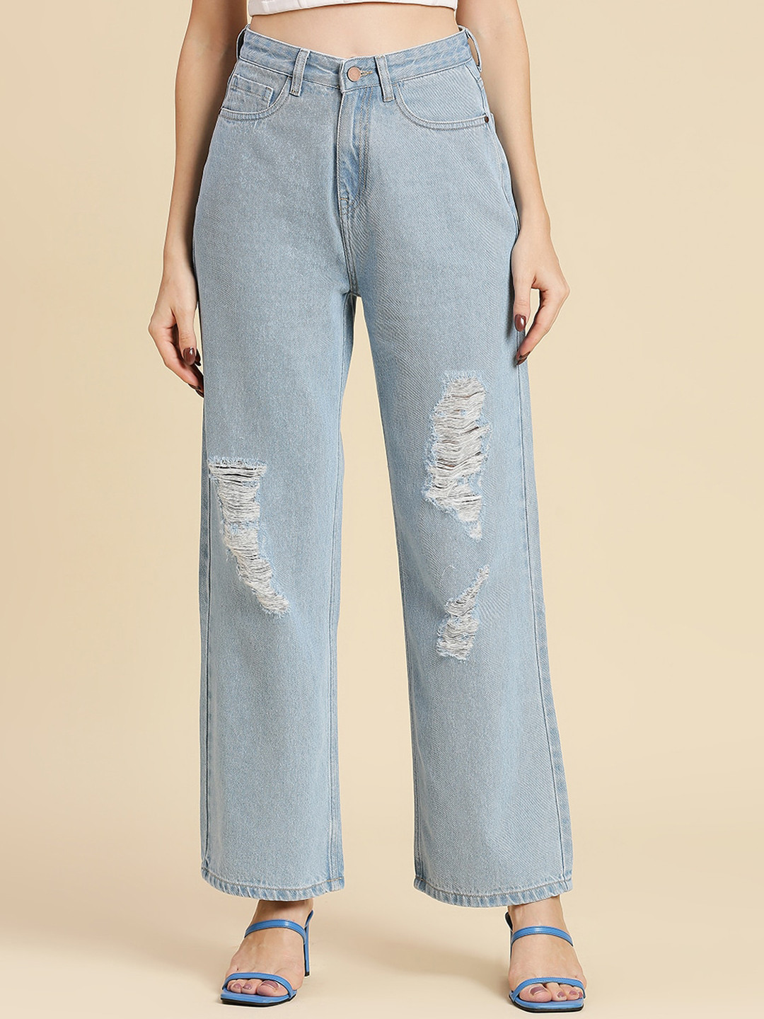 Buy Harvard Women Blue Highly Distressed Mid Rise Pure Cotton Jeans ...