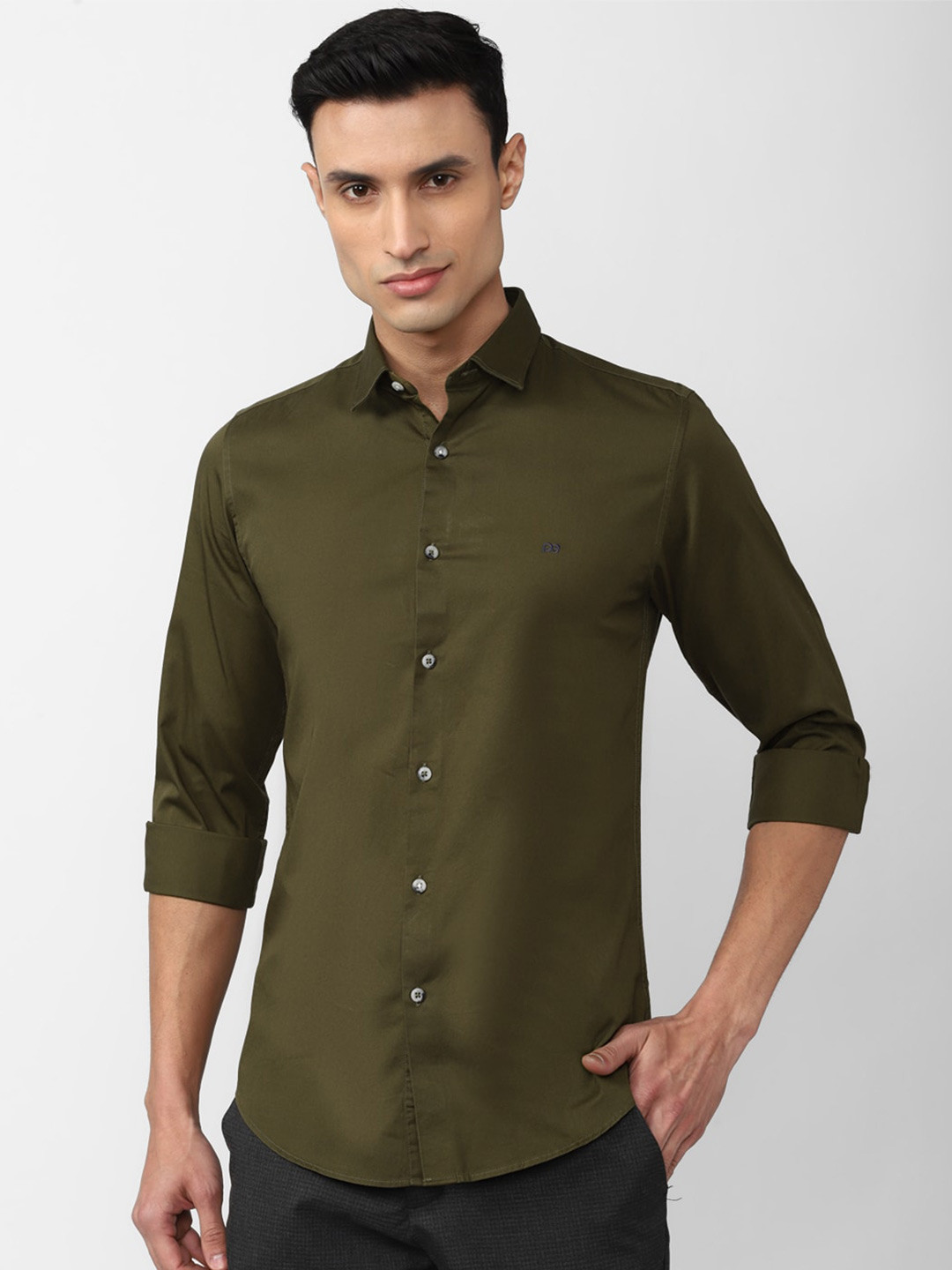 Buy Peter England Casuals Green Slim Fit Opaque Pure Cotton Casual ...