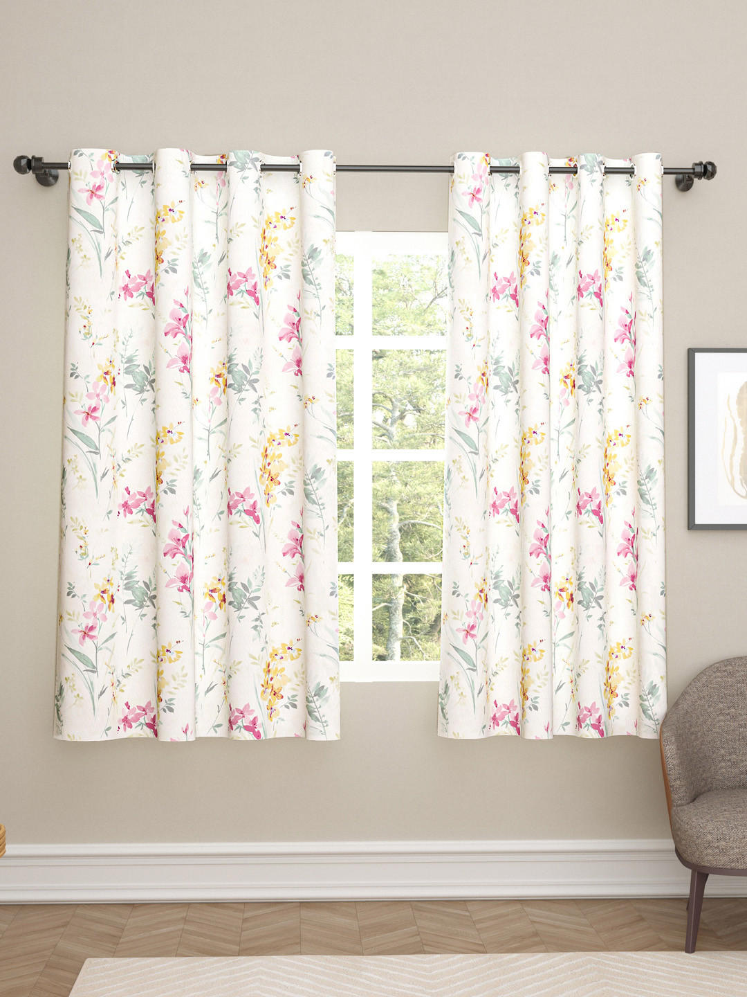 Buy Haus & Kinder White & Pink 2 Pieces Floral Printed Satin Black Out ...