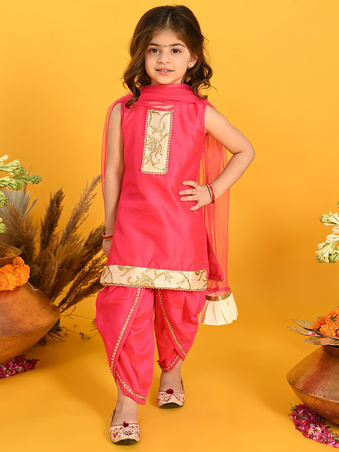 Buy SAKA DESIGNS Girls Yoke Design Dupion Silk Kurta With Dhoti Pants ...