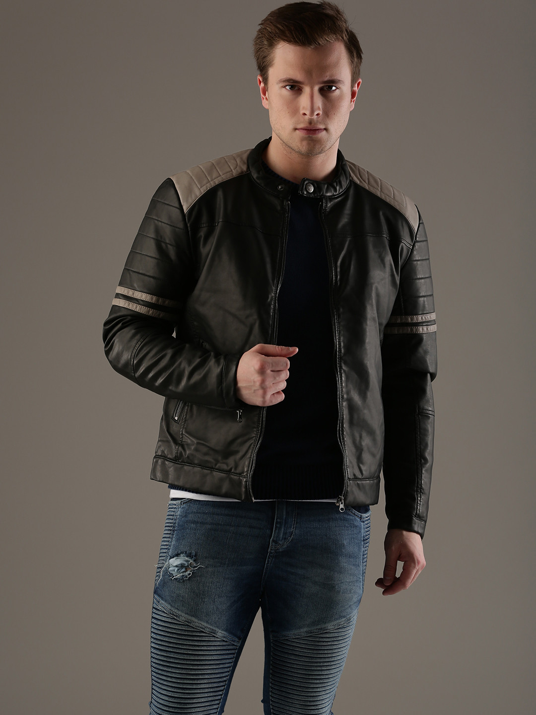 Buy Flying Machine Men Black Solid Faux Leather Biker Jacket - Jackets ...