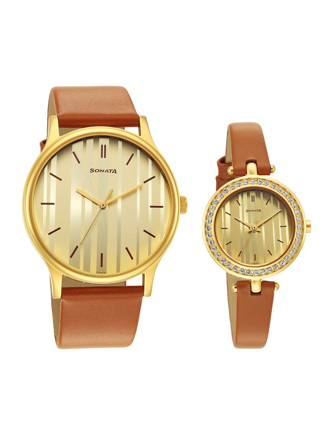 Buy Sonata Brass Dial & Leather Straps Couple Analogue Watch ...