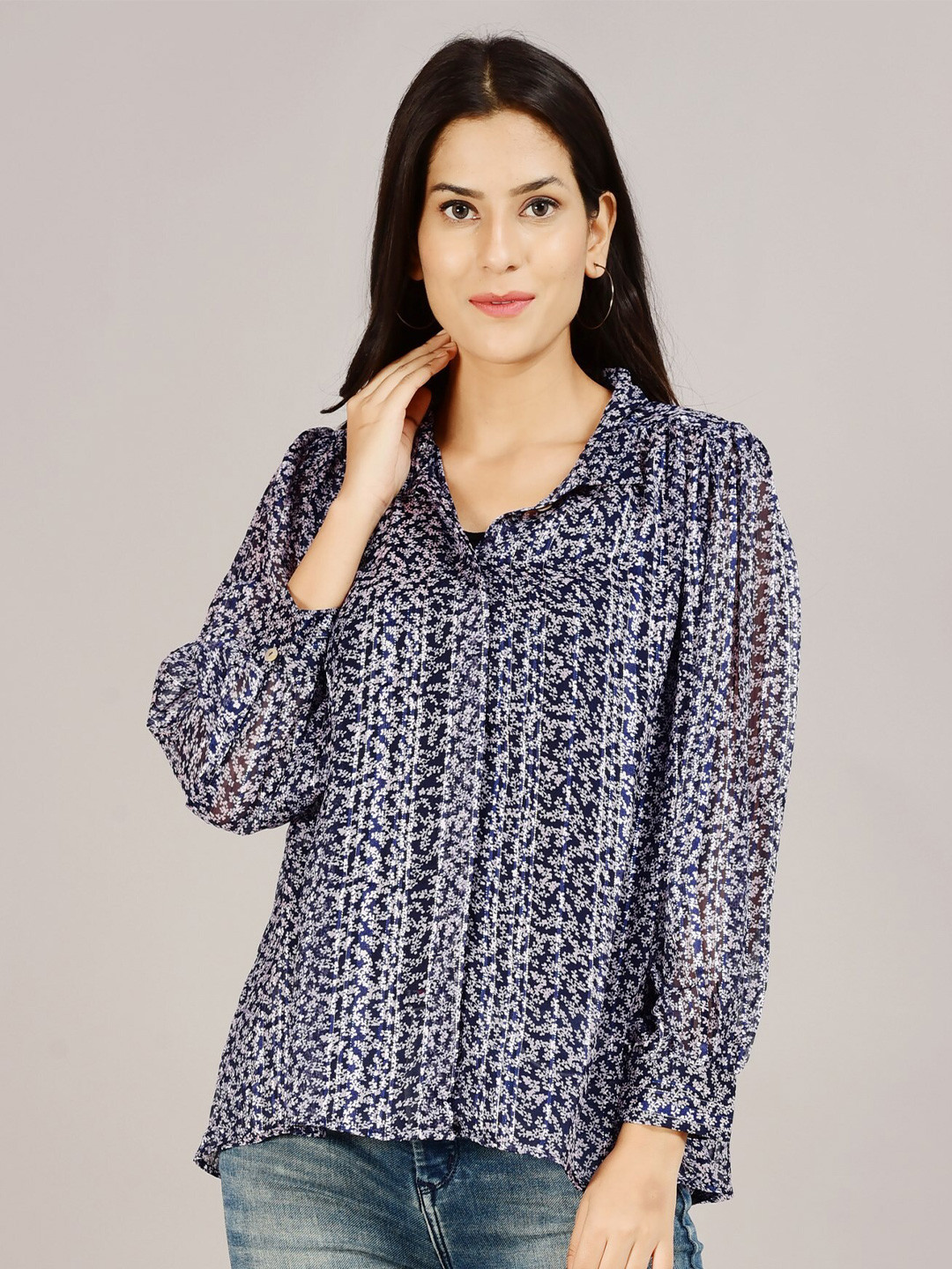 Buy HERE&NOW Navy Blue & White Floral Print Chiffon Top - Tops for ...